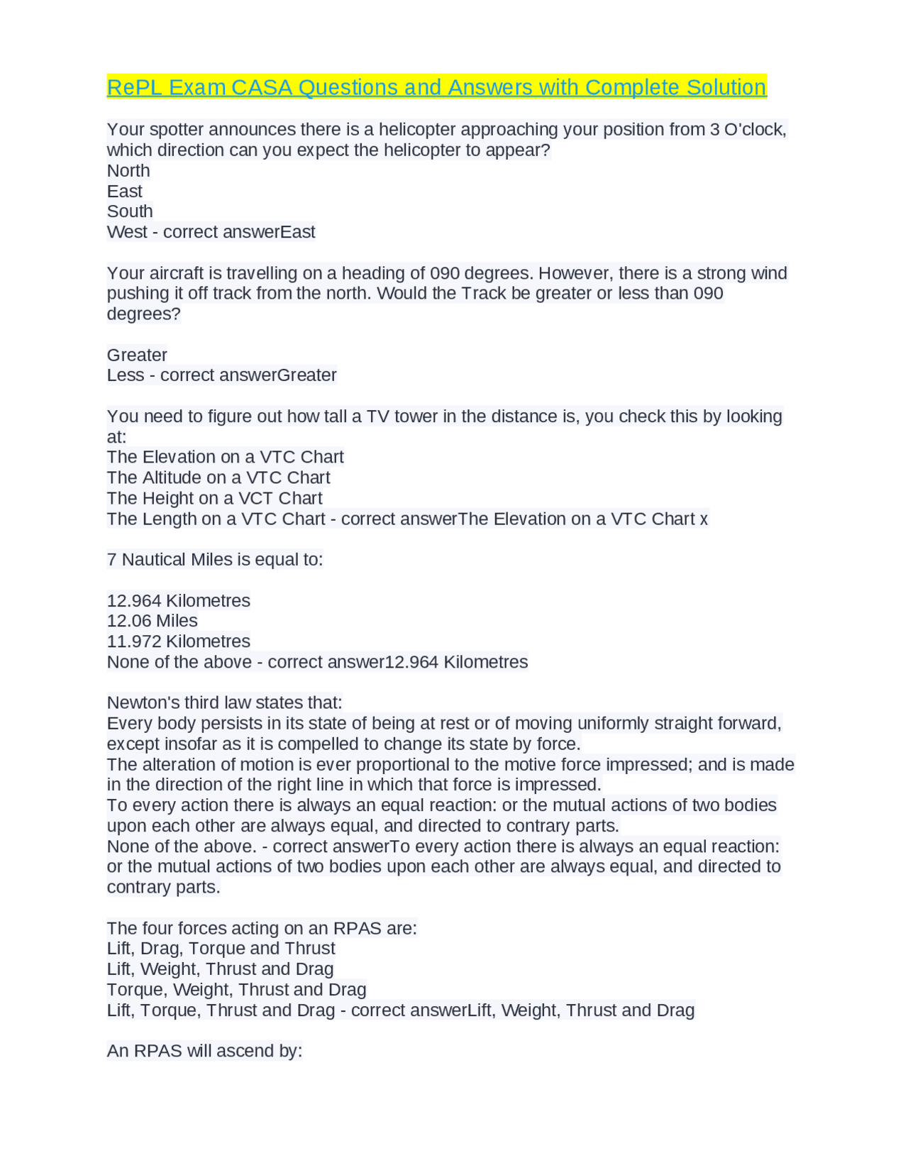 RePL Exam CASA Questions and Answers with Complete Solution | Exams ...