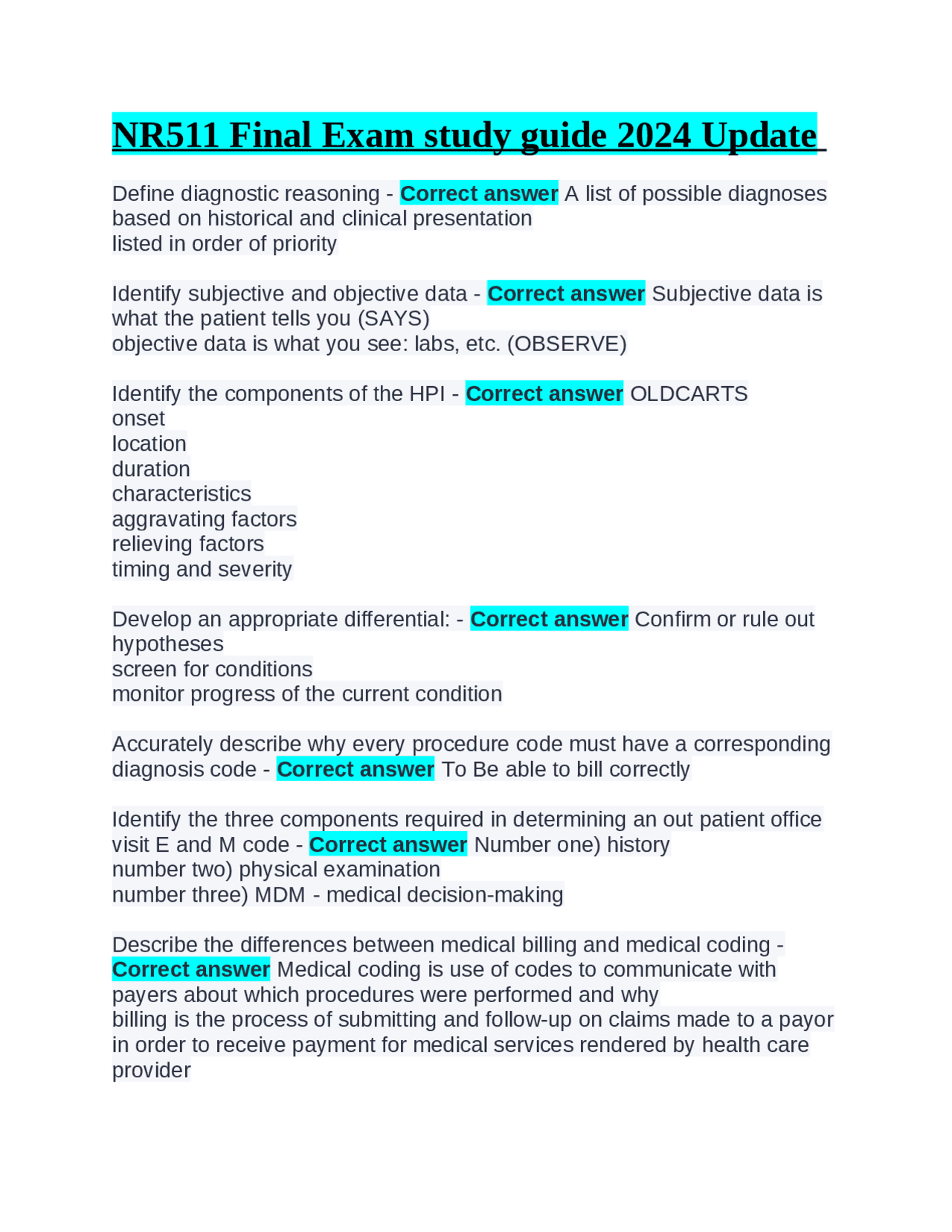 NR511 Final Exam Study Guide 2024: Diagnostic Reasoning and Common Conditions | Exams Nursing ...