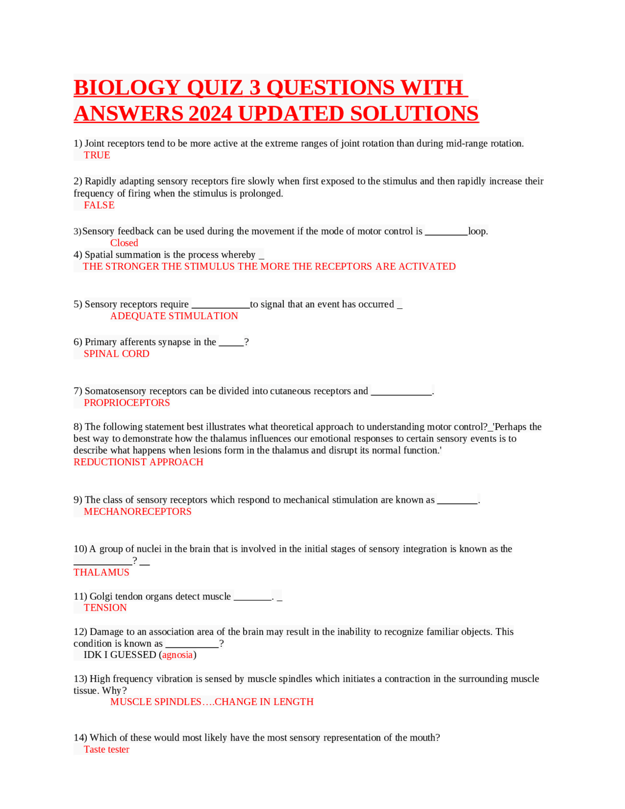 BIOLOGY QUIZ 3 QUESTIONS WITH ANSWERS 2024 UPDATED SOLUTIONS | Exams ...