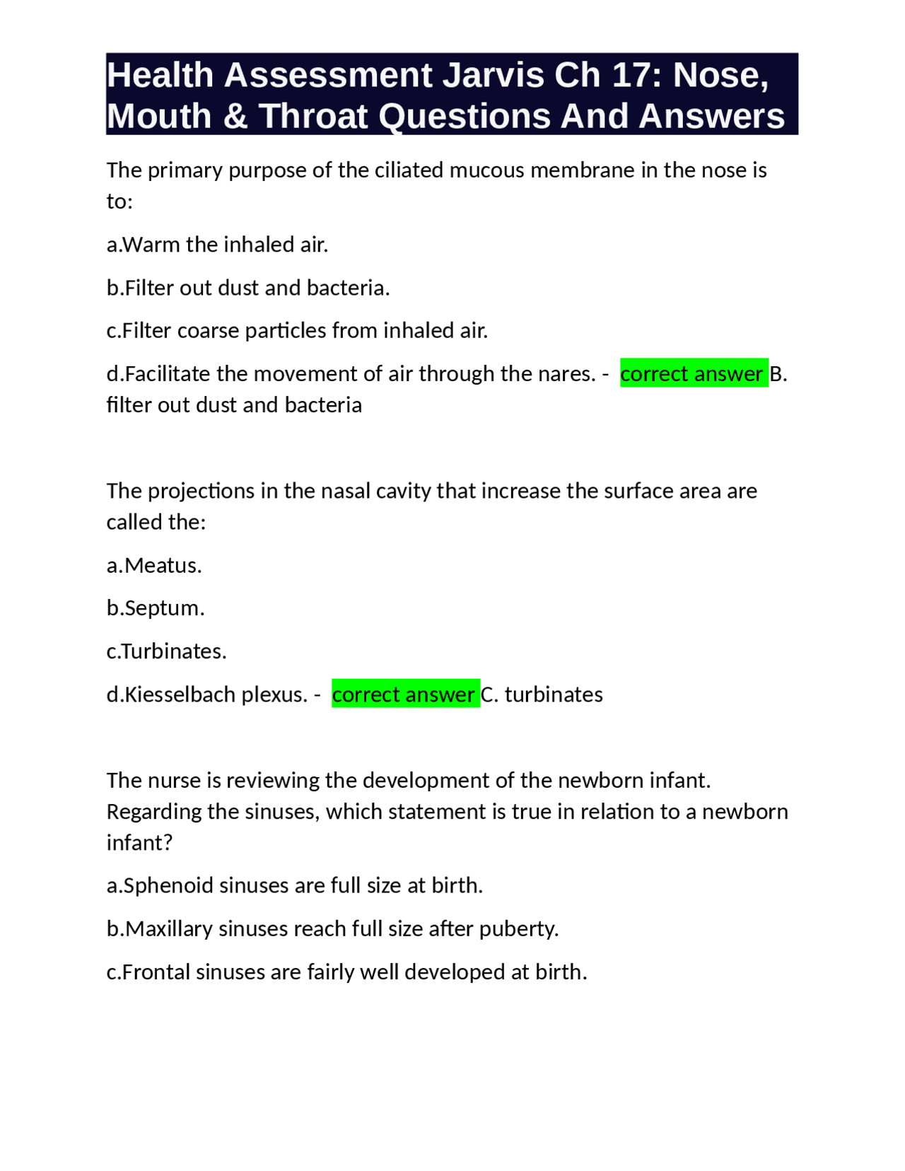 Health Assessment Jarvis Ch 17: Nose, Mouth & Throat Questions And ...