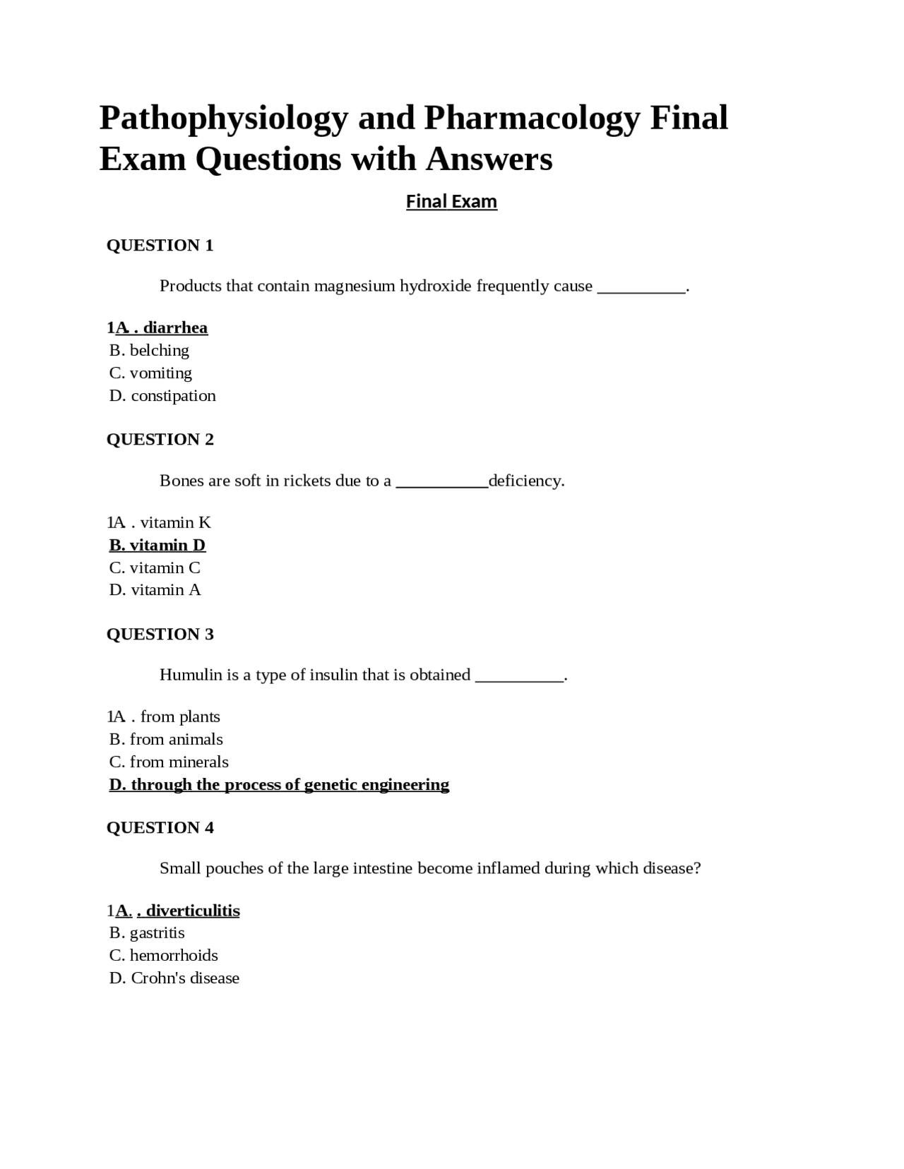Pathophysiology and Pharmacology Final Exam Questions with Answers ...