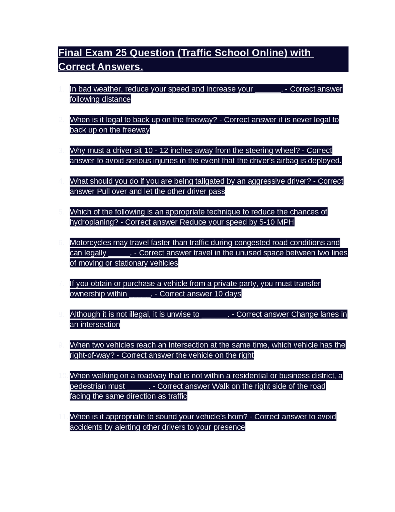 Final Exam 25 Question (Traffic School Online) with Correct Answers ...
