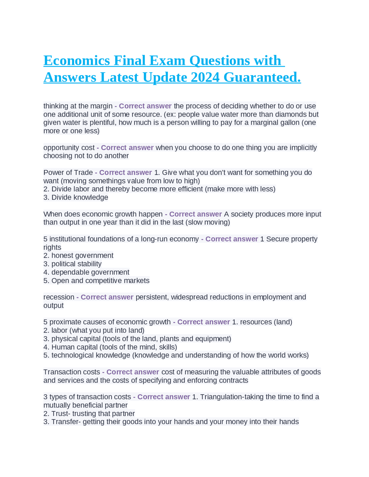 Economics Final Exam Questions With Answers Latest Update 2024 Guaranteed Exams Economics