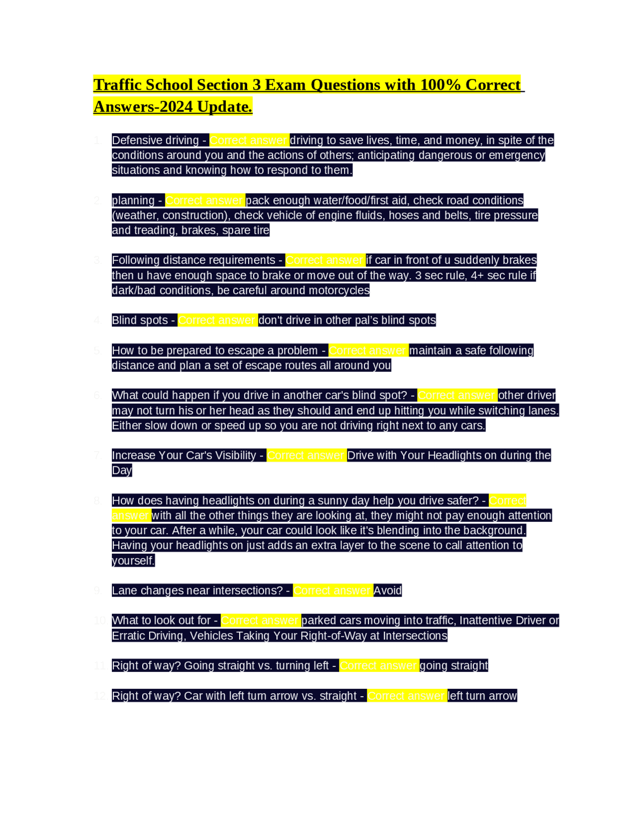 Traffic School Section 3 Exam Questions with 100% Correct Answers-2024 ...