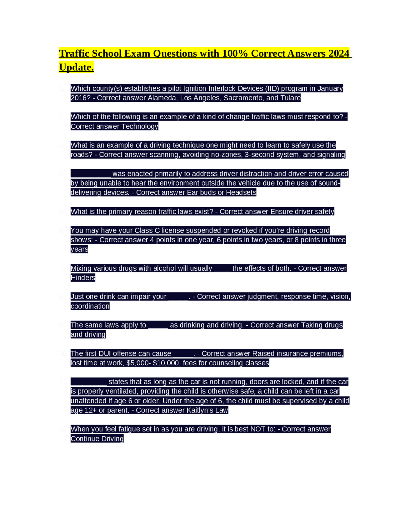 Traffic School Exam Questions with 100% Correct Answers 2024 Update ...