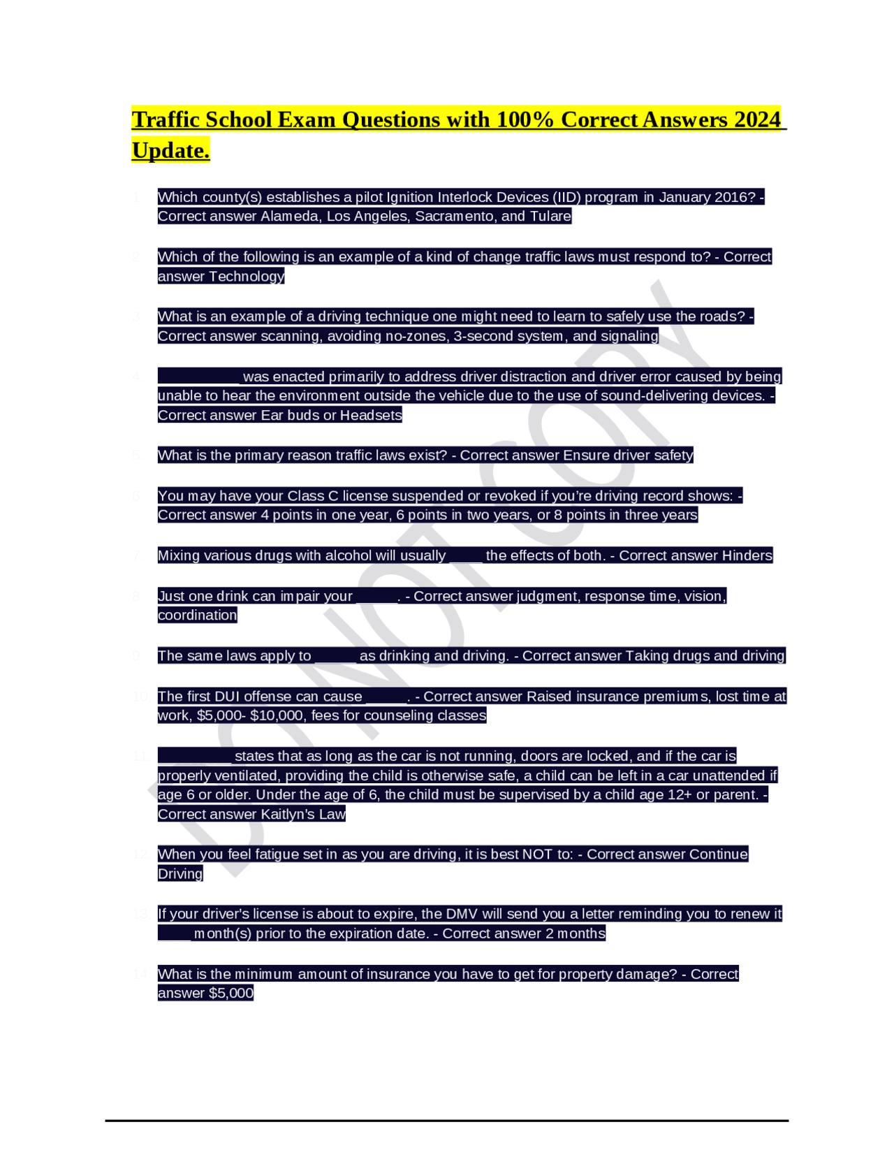 Traffic School Exam Questions with 100% Correct Answers 2024 Update ...