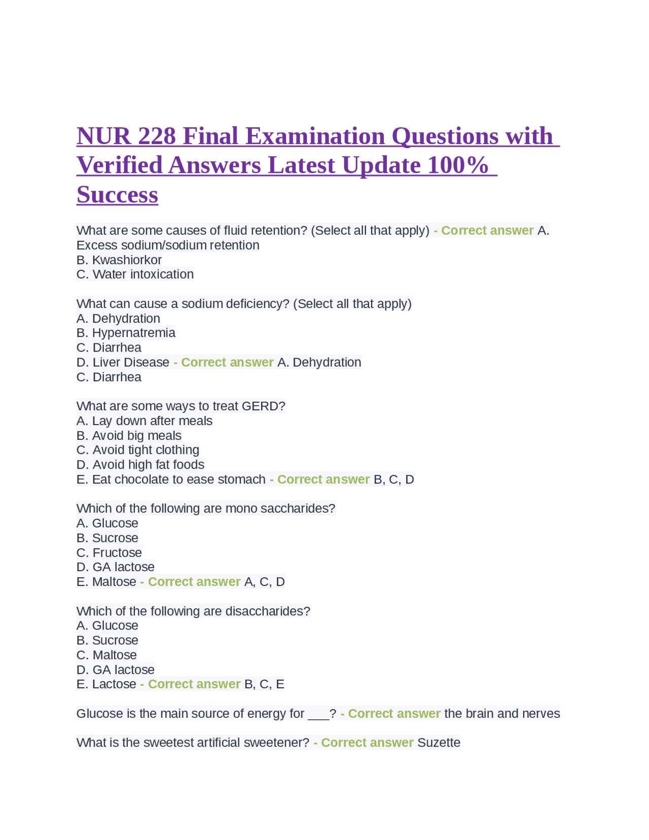 NUR 228 Final Examination Questions and Answers | Exams Nursing | Docsity