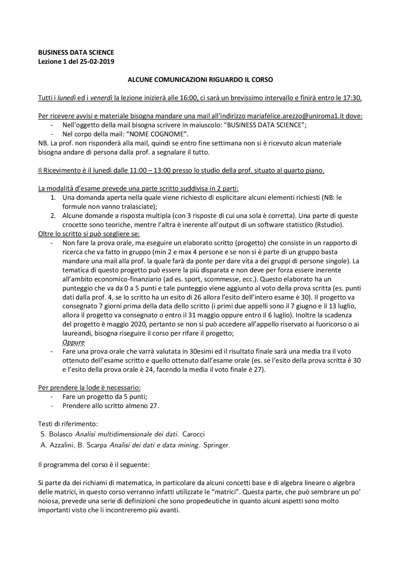 Riassunto di Analisi dei dati e data mining con la prof. Arezzo | Appunti di Analisi Dei Dati ...