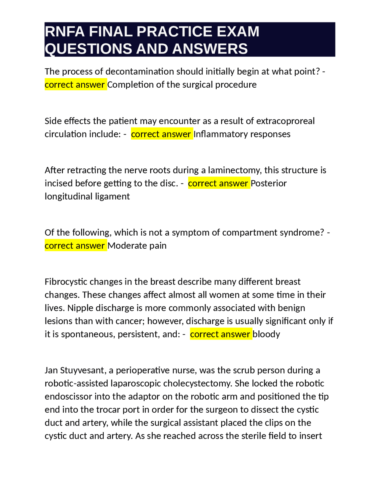 RNFA FINAL PRACTICE EXAM QUESTIONS AND ANSWERS | Exams Medicine | Docsity