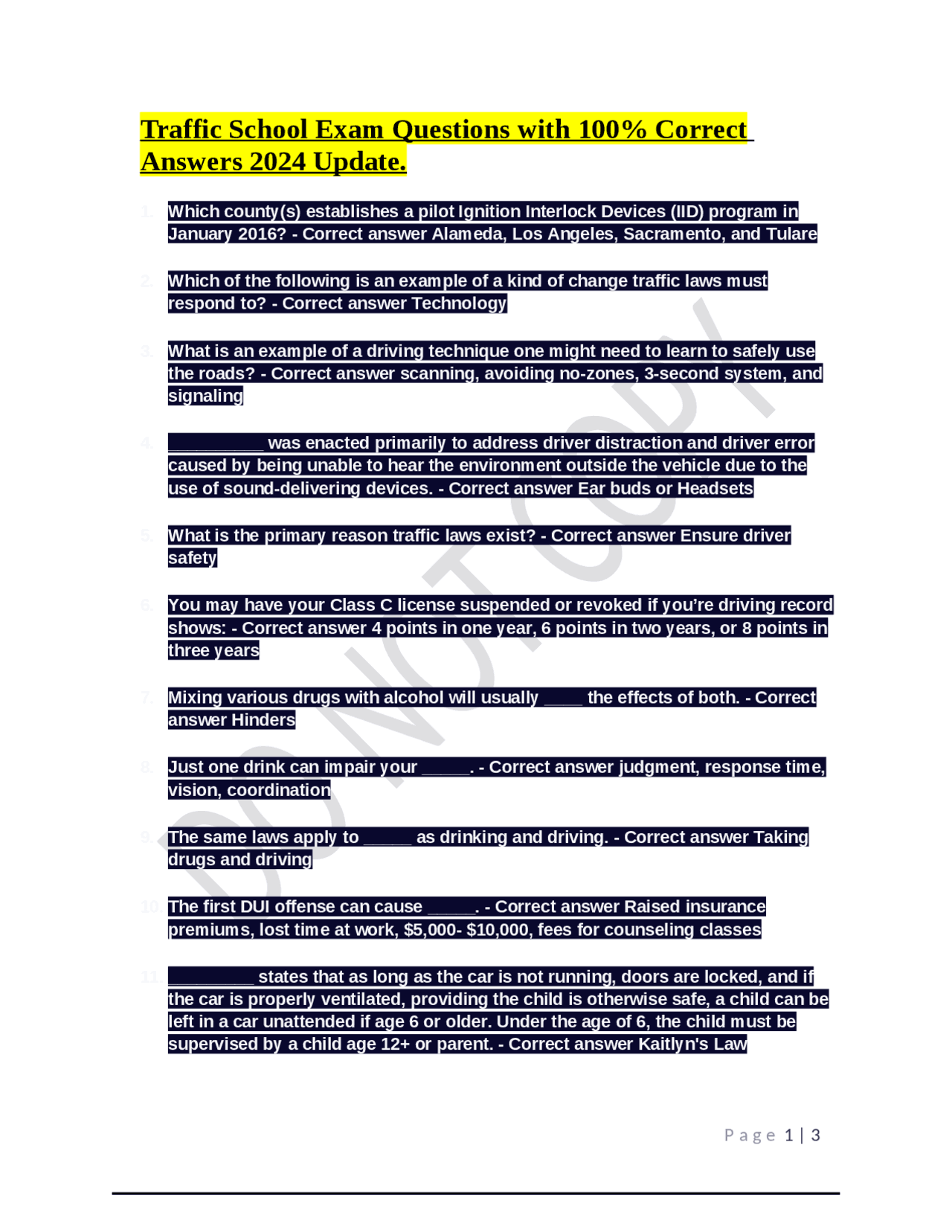 Traffic School Exam Questions with 100% Correct Answers 2024 Update ...