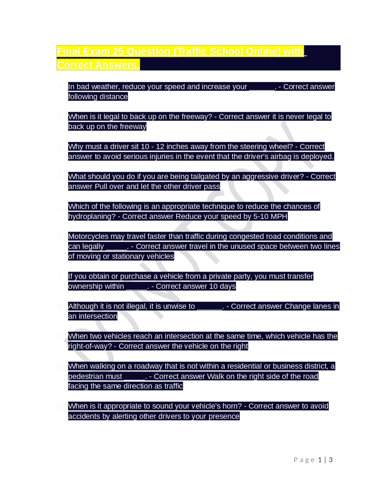 Final Exam 25 Question (Traffic School Online) with Correct Answers ...