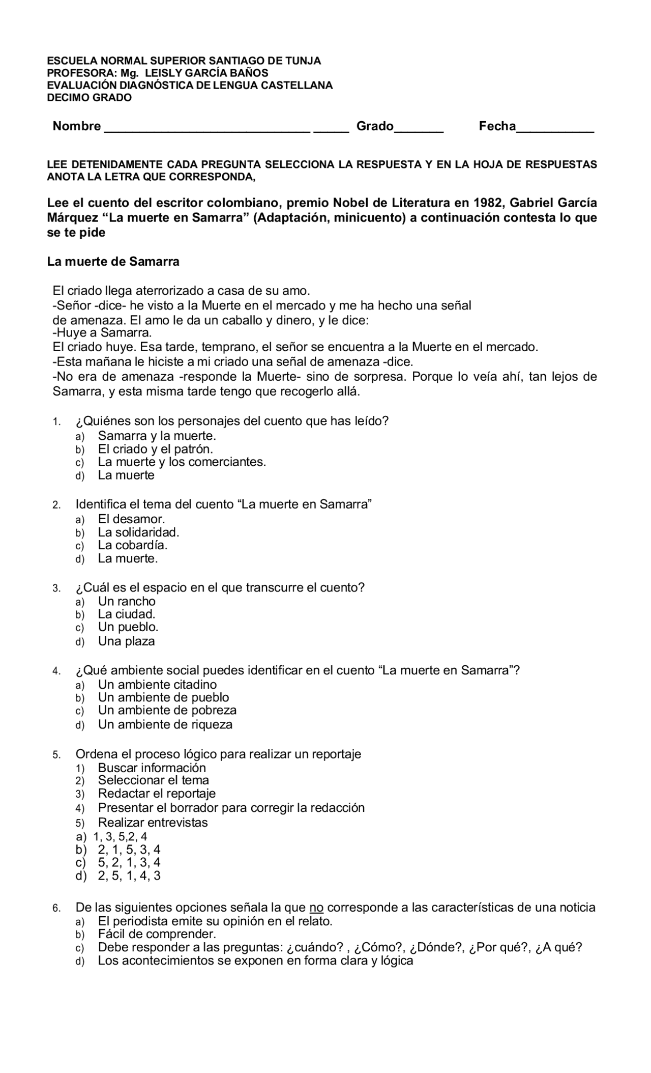 PRUEBA DIAGNOSTICA DE COMPRENSIÓN LECTORA | Exámenes de Literatura ...