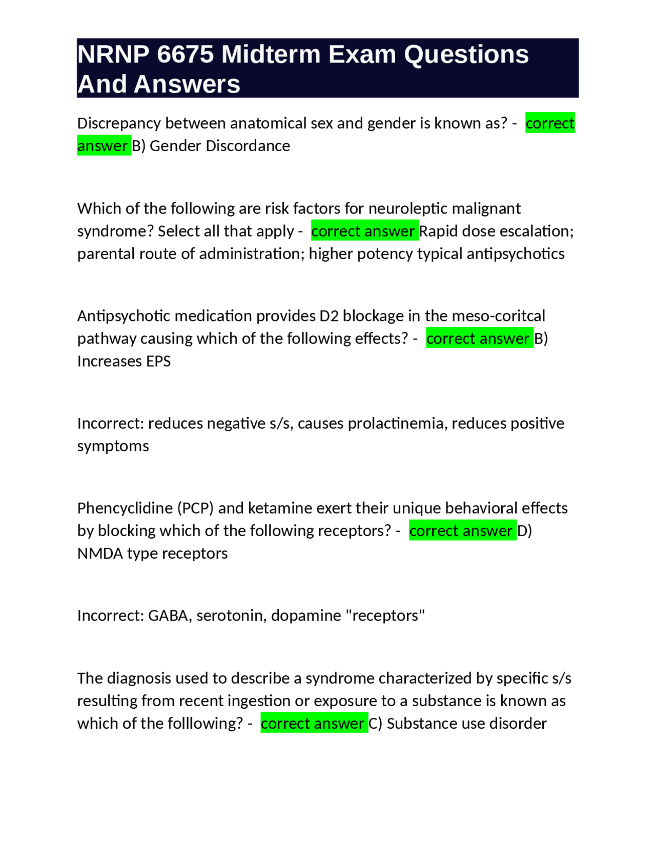 NRNP 6675 Midterm Exam Questions and Answers | Exams Medicine | Docsity