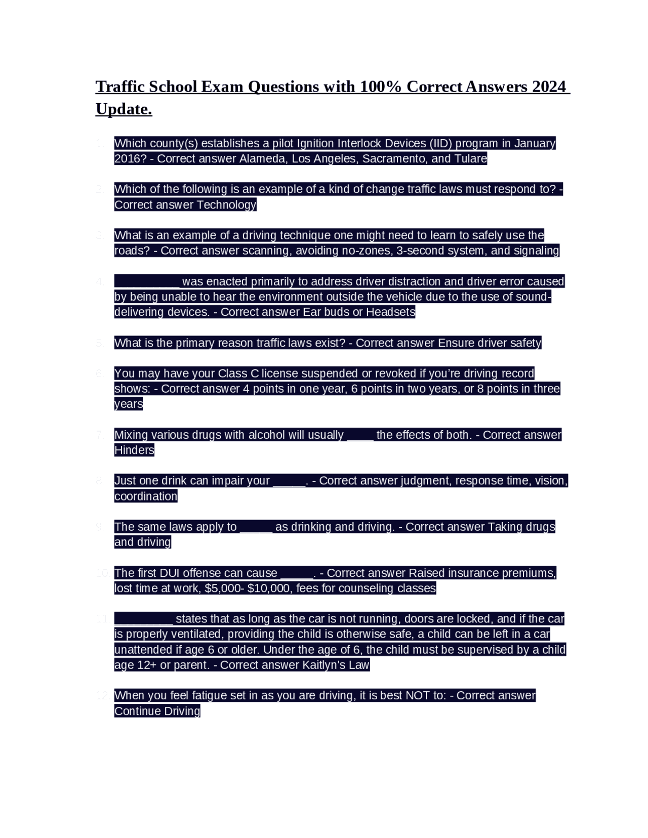 Traffic School Exam Questions with 100% Correct Answers 2024 Update ...