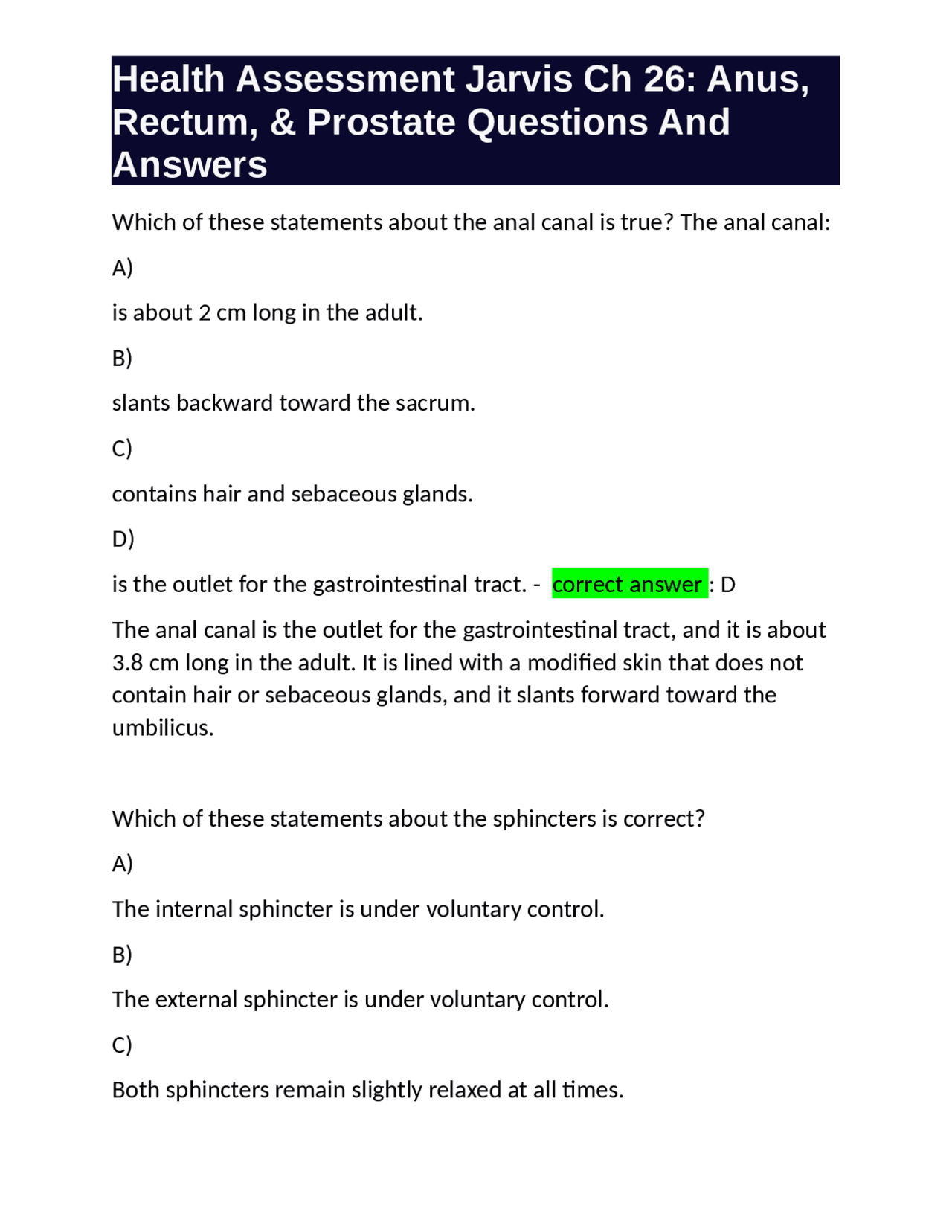 Health Assessment: Anus, Rectum, and Prostate Questions and Answers ...