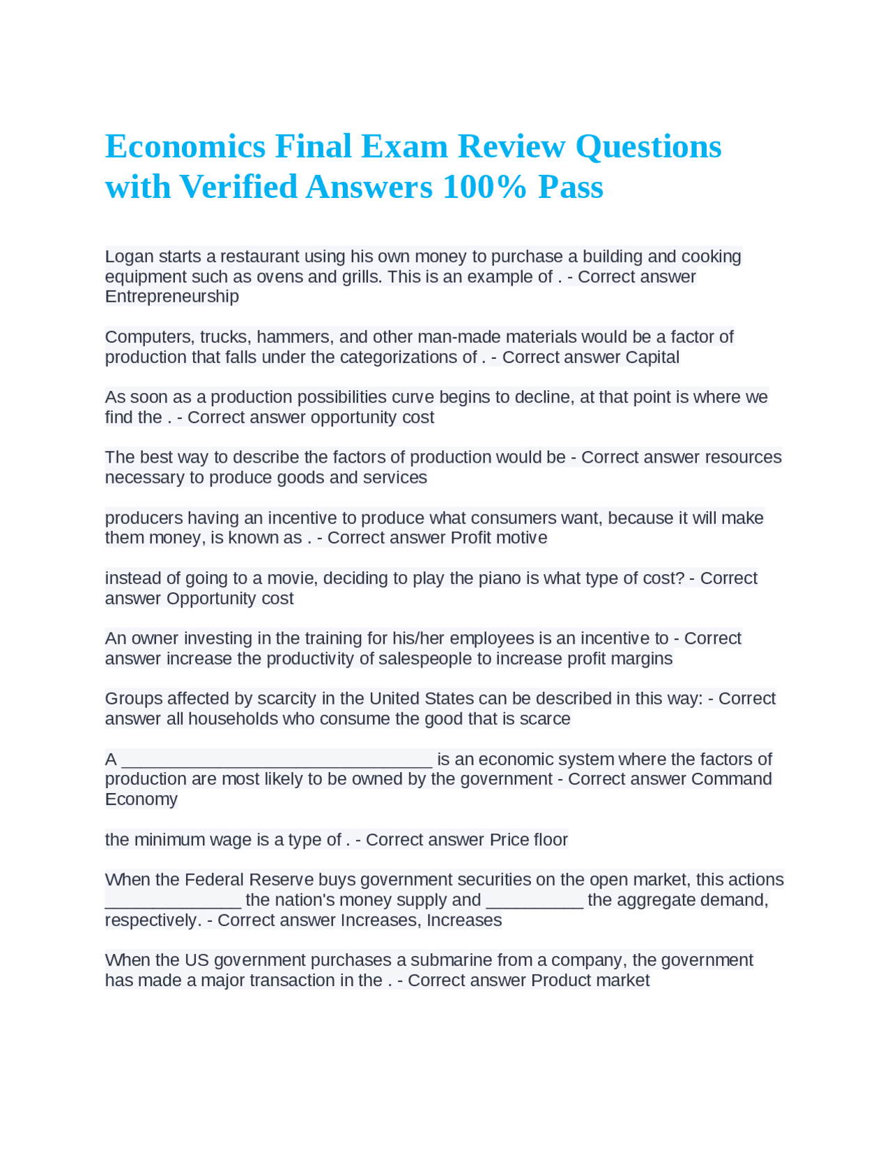 Economics Final Exam Review Questions with Verified Answers | Exams ...