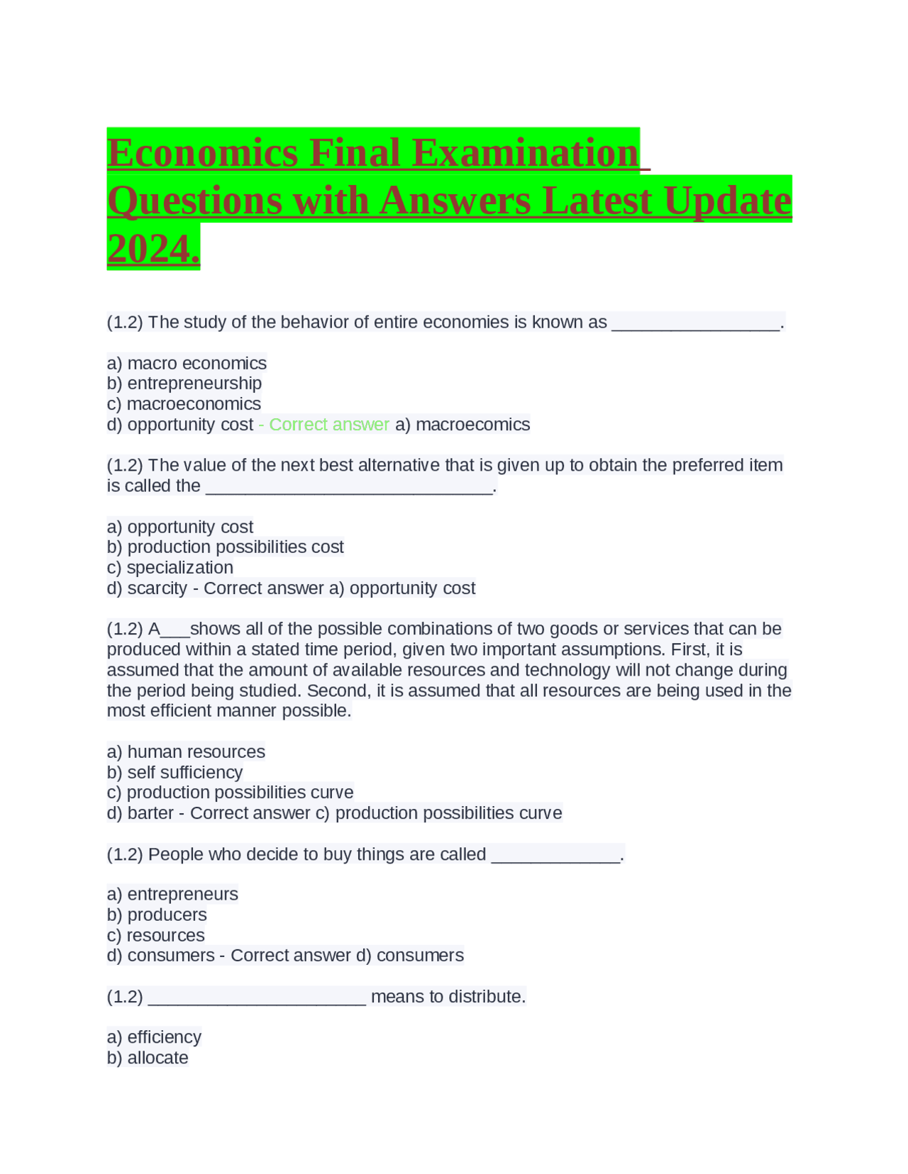 Economics Final Examination Questions With Answers Latest Update 2024 Exams Economics Docsity