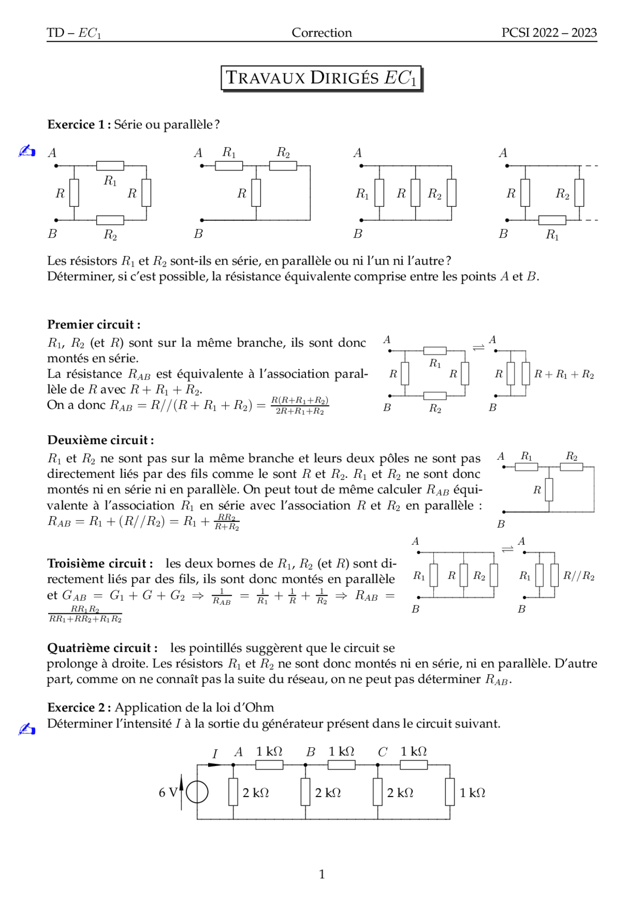 Exercice avec solutions Electrocinétique | Exercises Electronics | Docsity