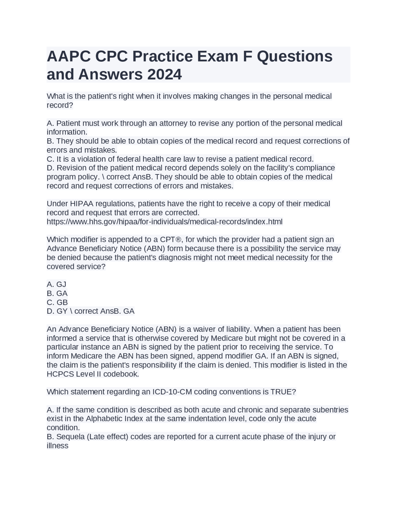 AAPC CPC Practice Exam F Questions and Answers 2024 | Exams Nursing ...