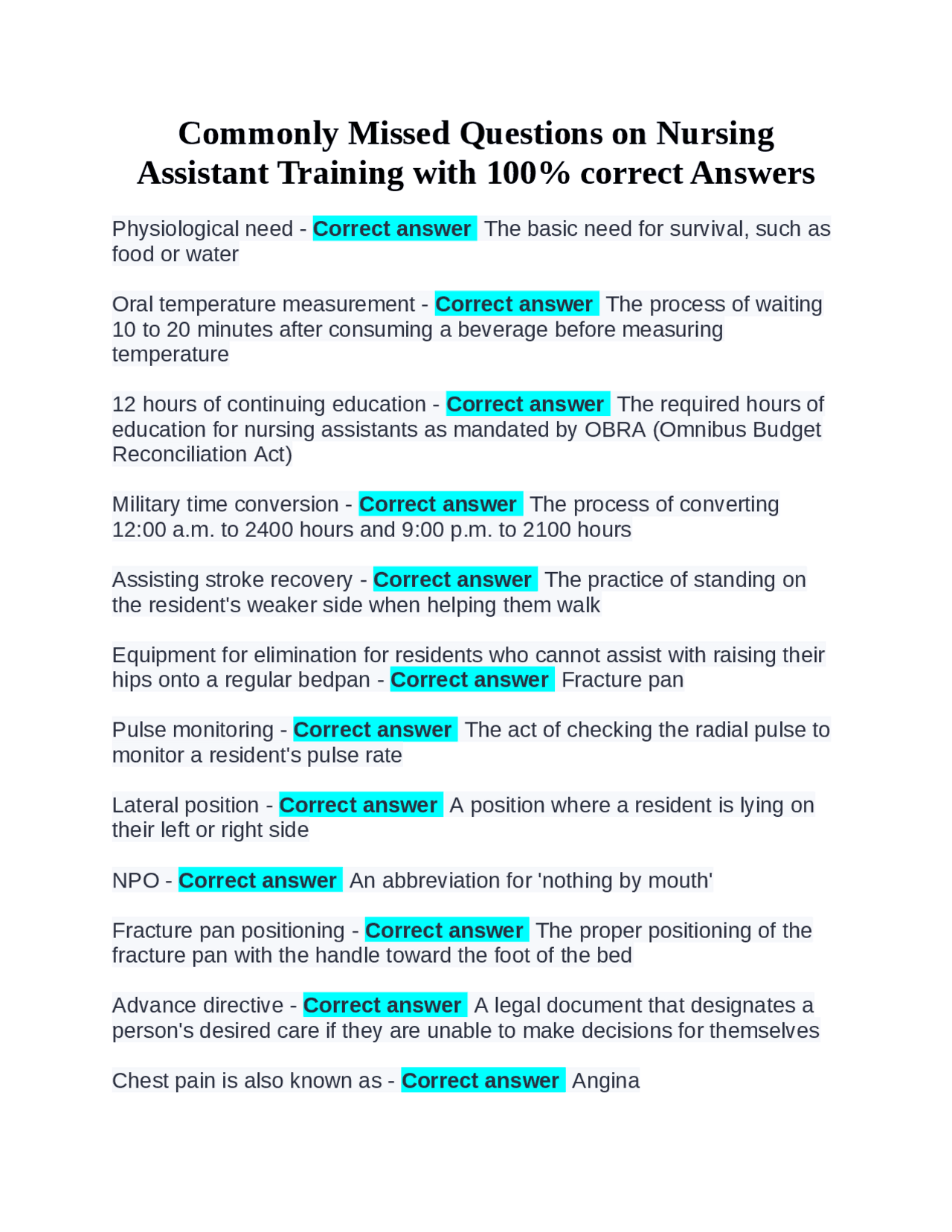 Commonly Missed Questions on Nursing Assistant Training with 100% ...