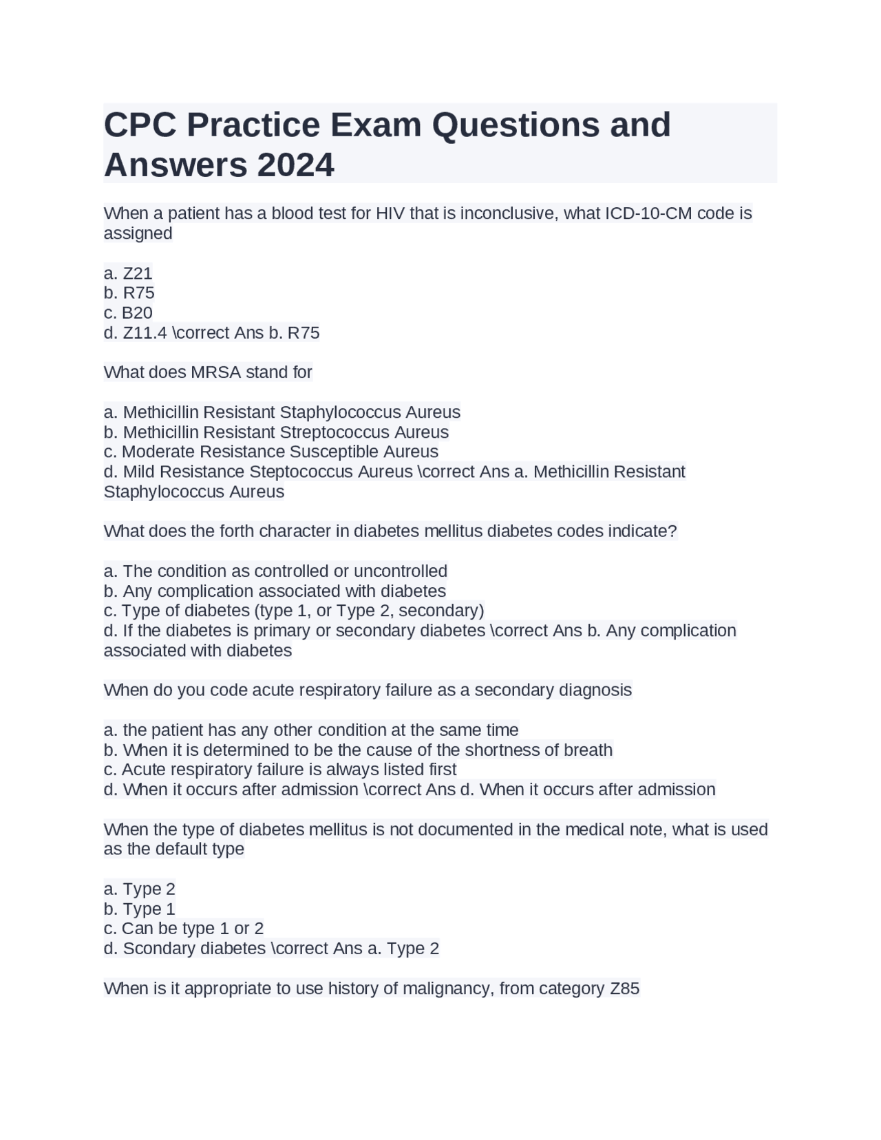 CPC Practice Exam Questions and Answers 2024 | Exams Nursing | Docsity
