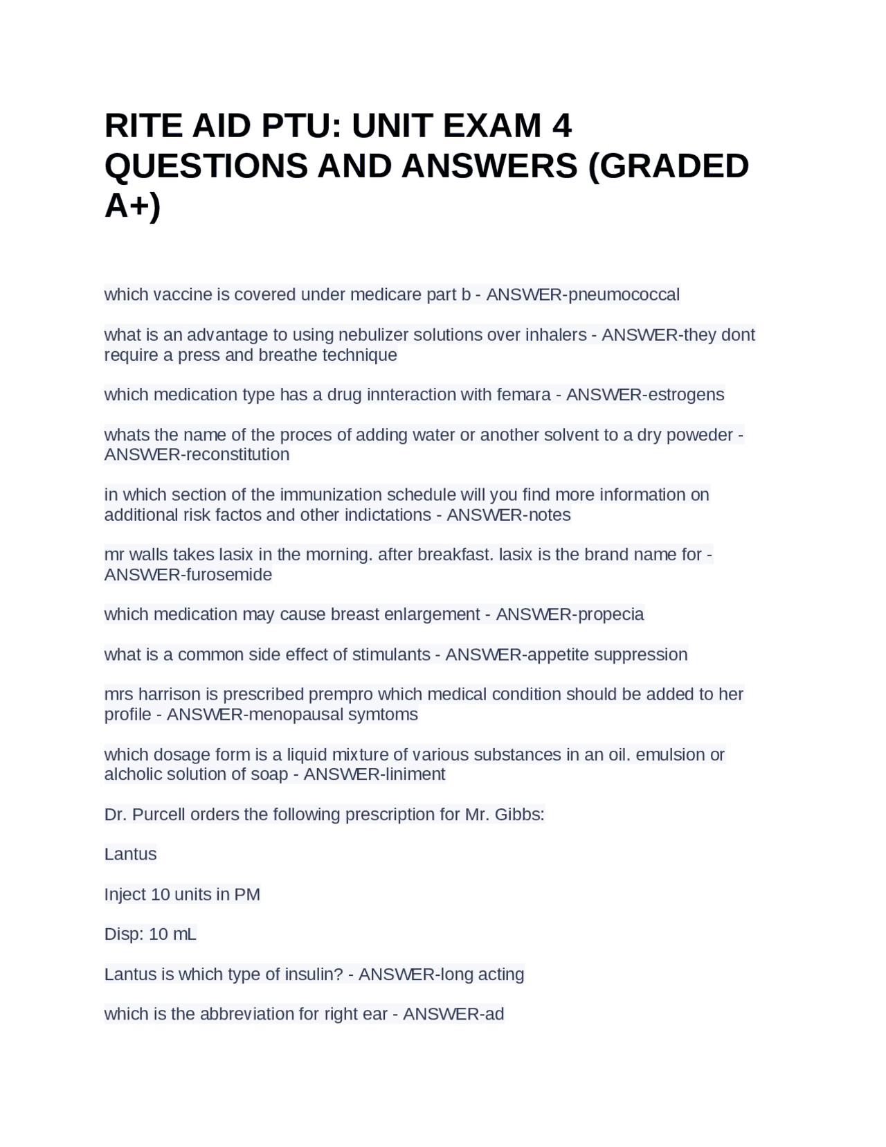 RITE AID PTU: UNIT EXAM 4 QUESTIONS AND ANSWERS (GRADED A+) | Exams ...
