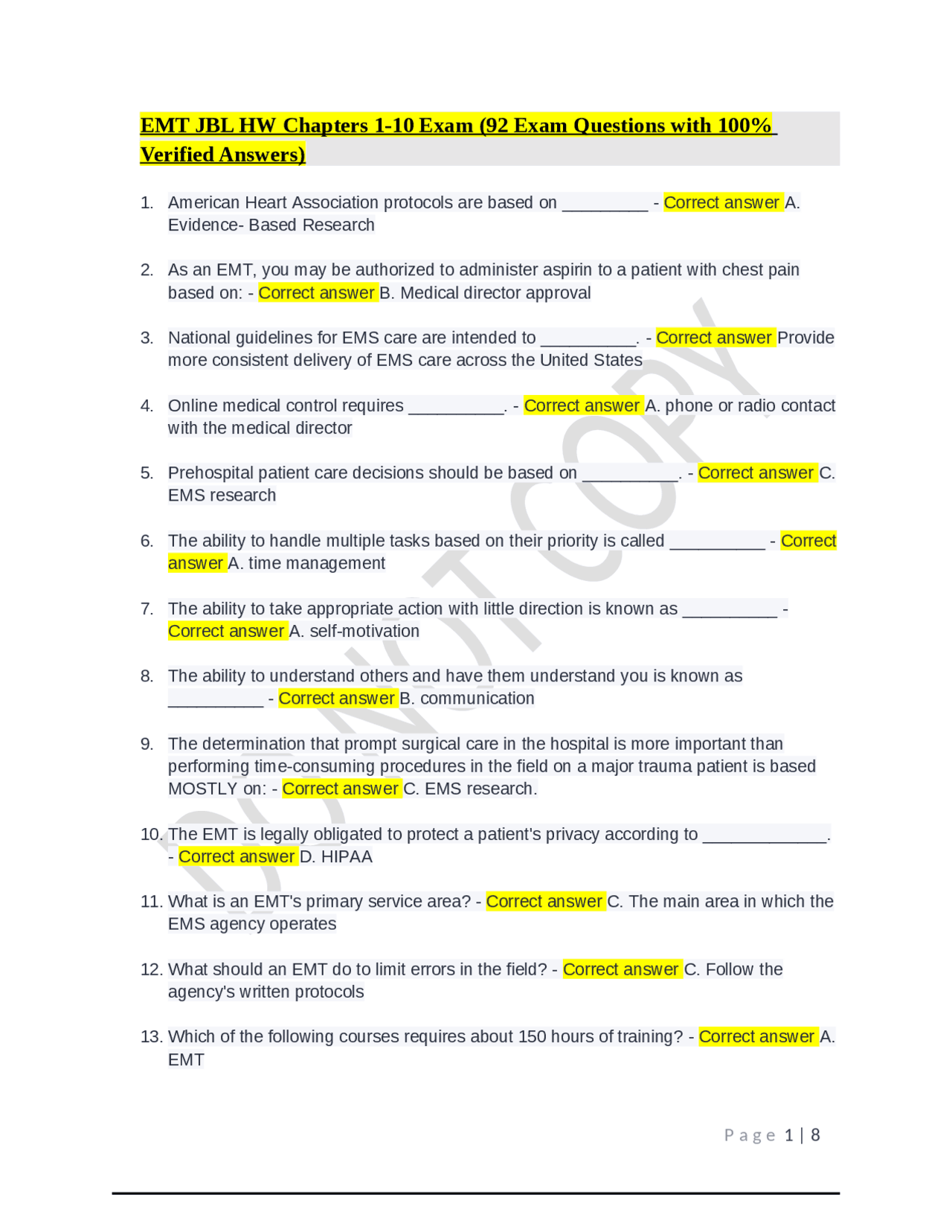 EMT JBL HW Chapters 1-10 Exam Questions and Answers | Exams Community ...