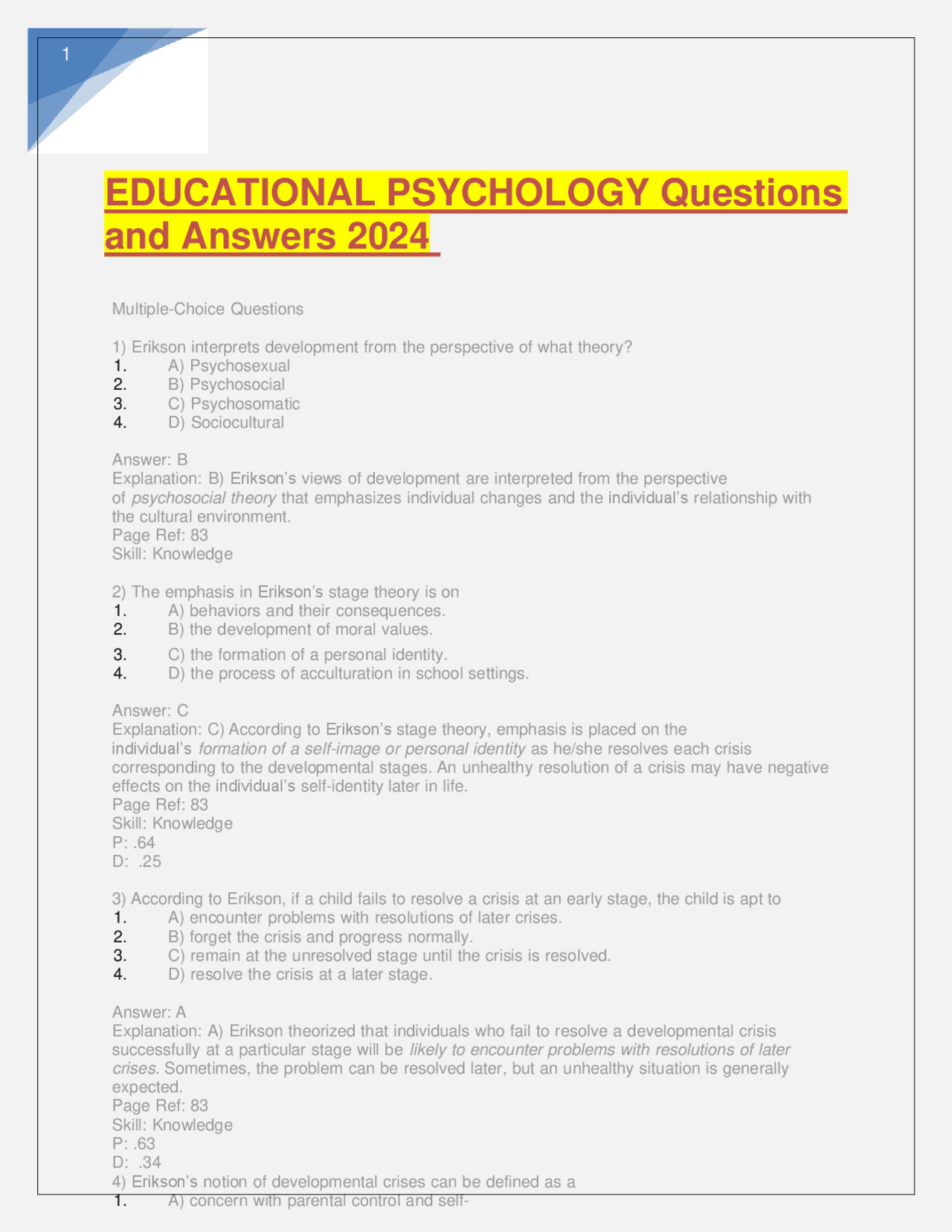 EDUCATIONAL PSYCHOLOGY Questions and Answers 2024 .pdf | Exams Nursing ...