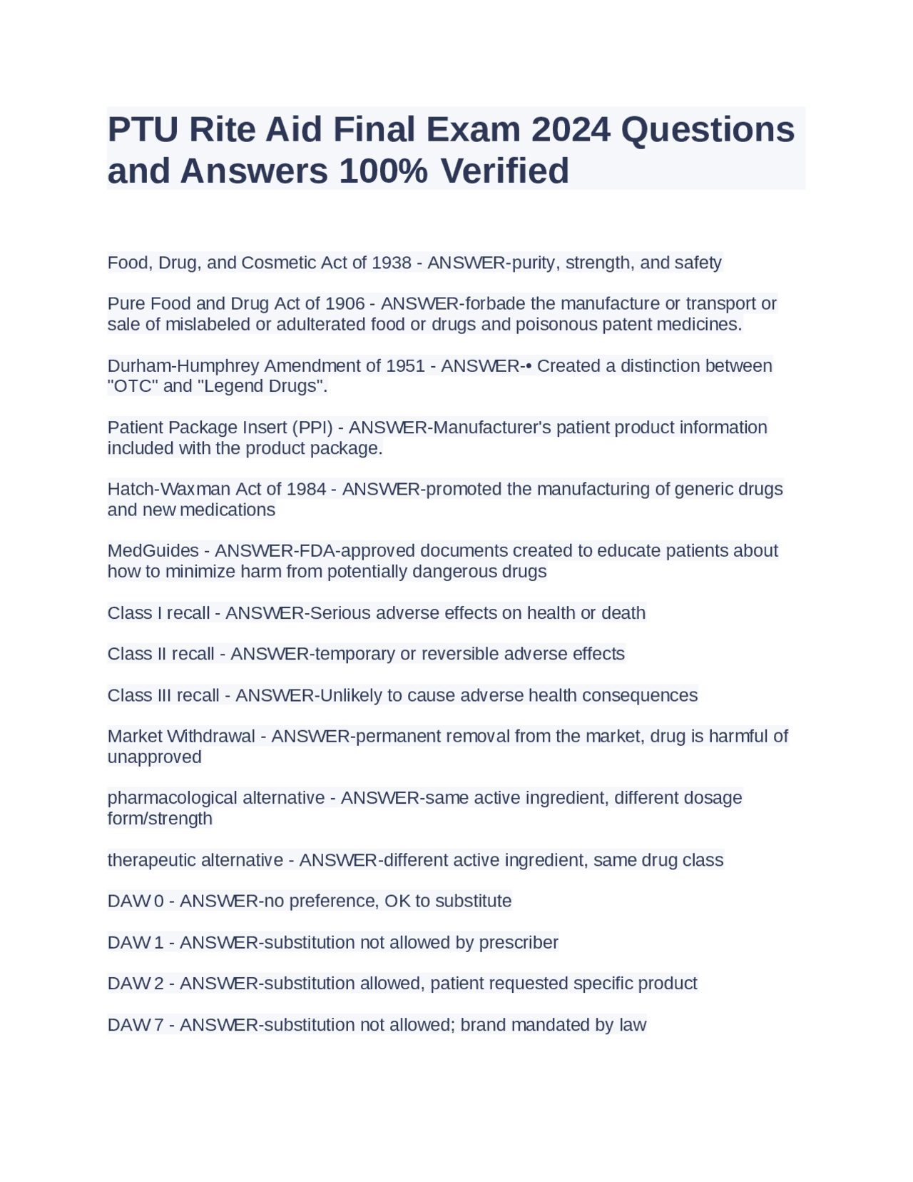 PTU Rite Aid Final Exam 2024 Questions and Answers 100% Verified ...