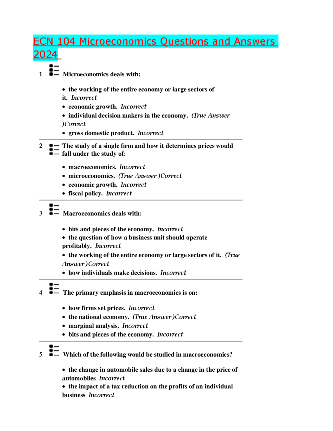 ECN 104 Microeconomics Questions and Answers 2024.pdf | Exams Economics | Docsity