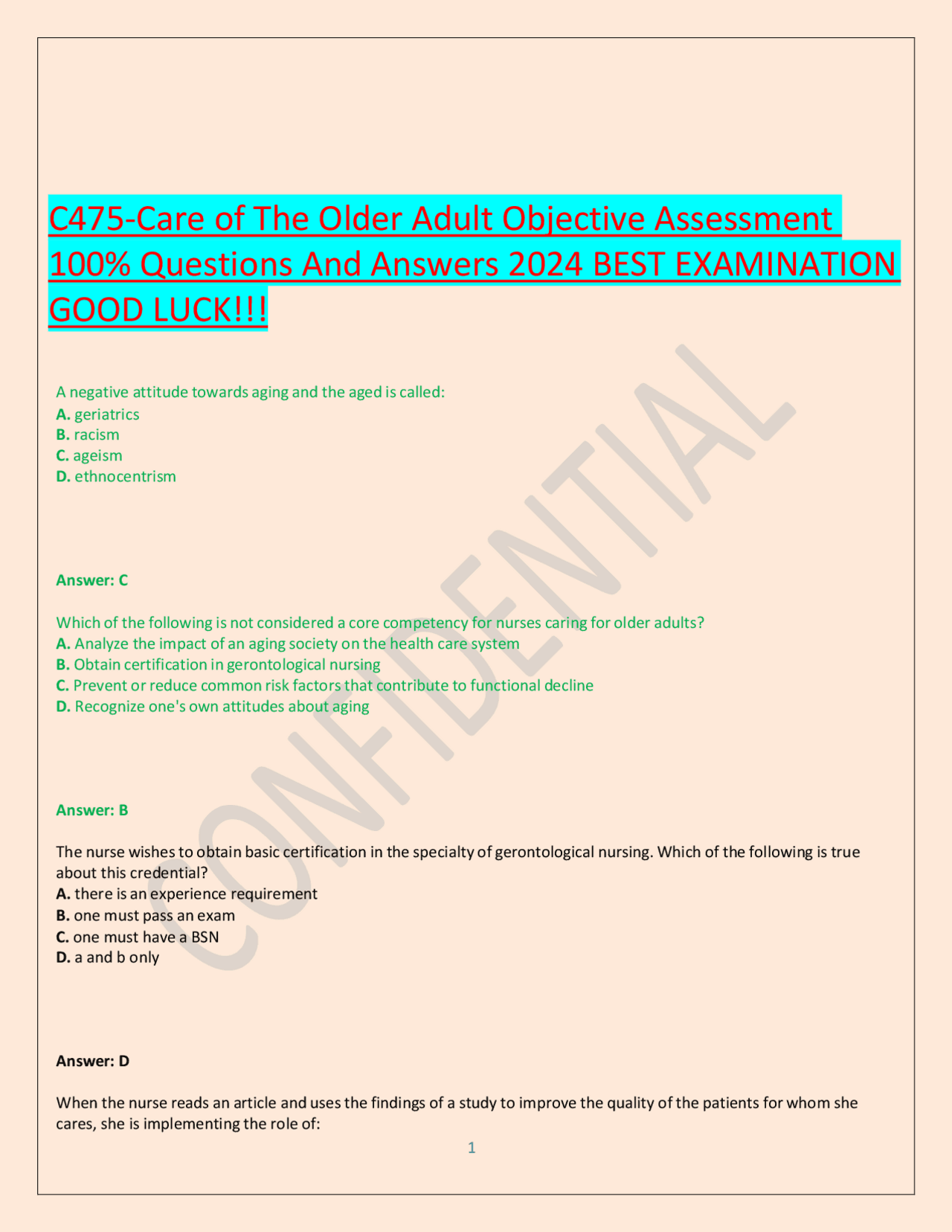 Aging Theory and Health Assessment: Answers and Explanations | Exams ...