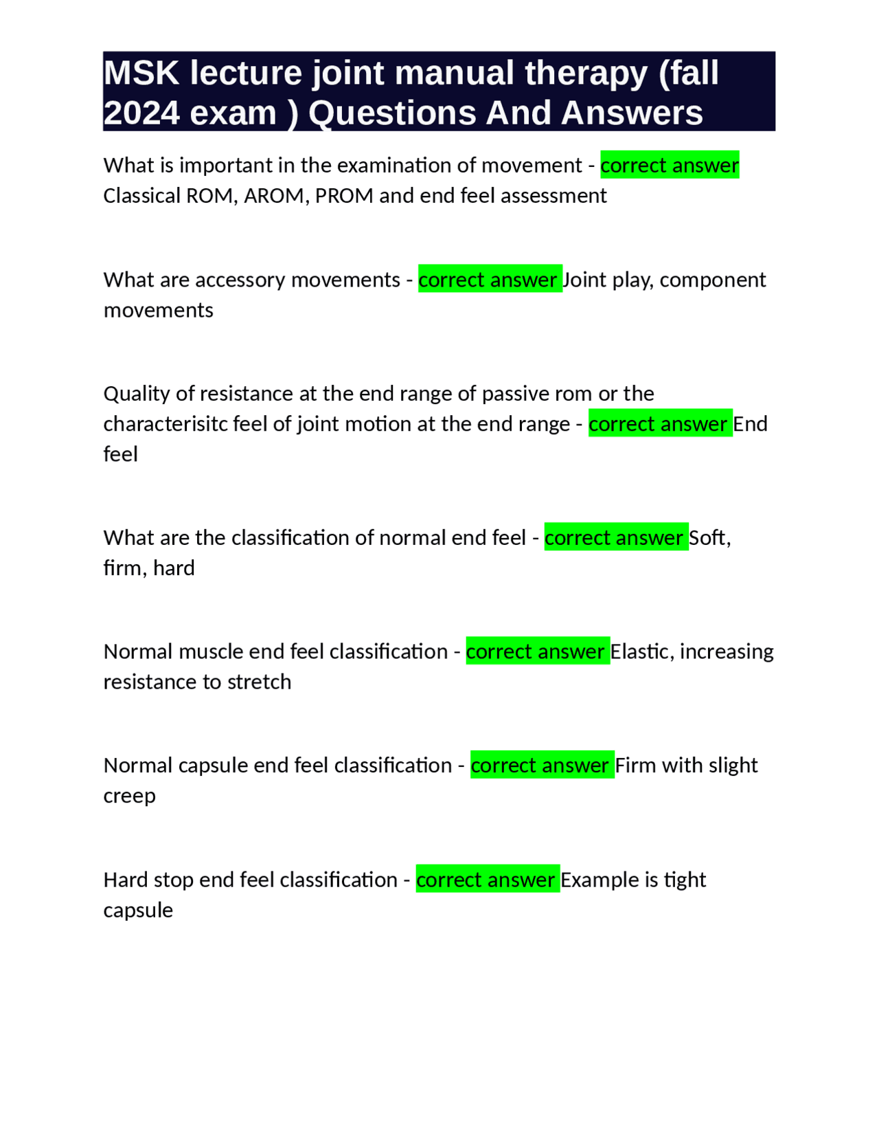Joint Assessment and Treatment: Manual Therapy Techniques (Fall 2024 ...