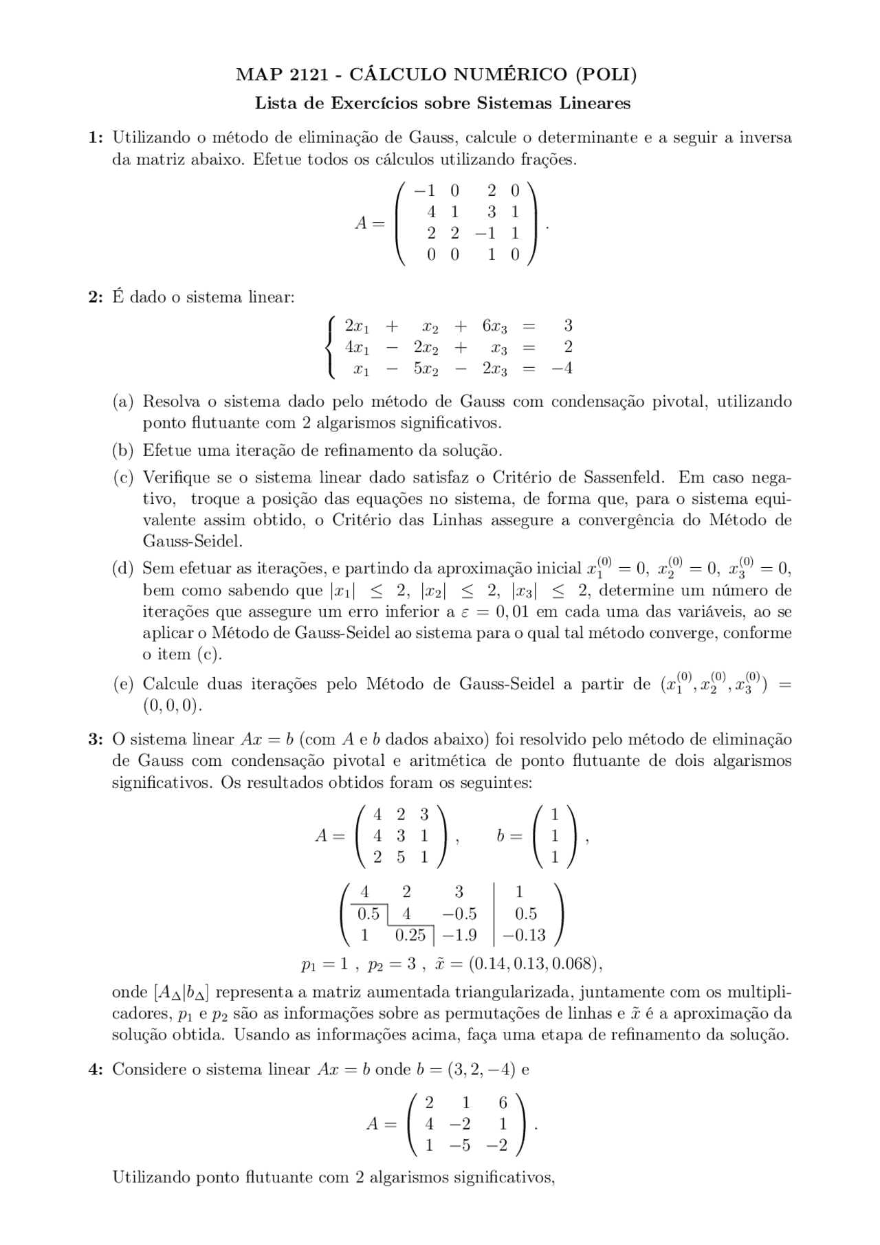 Exercícios de Sistemas Lineares | Notas de estudo Métodos Numéricos em Engenharia | Docsity