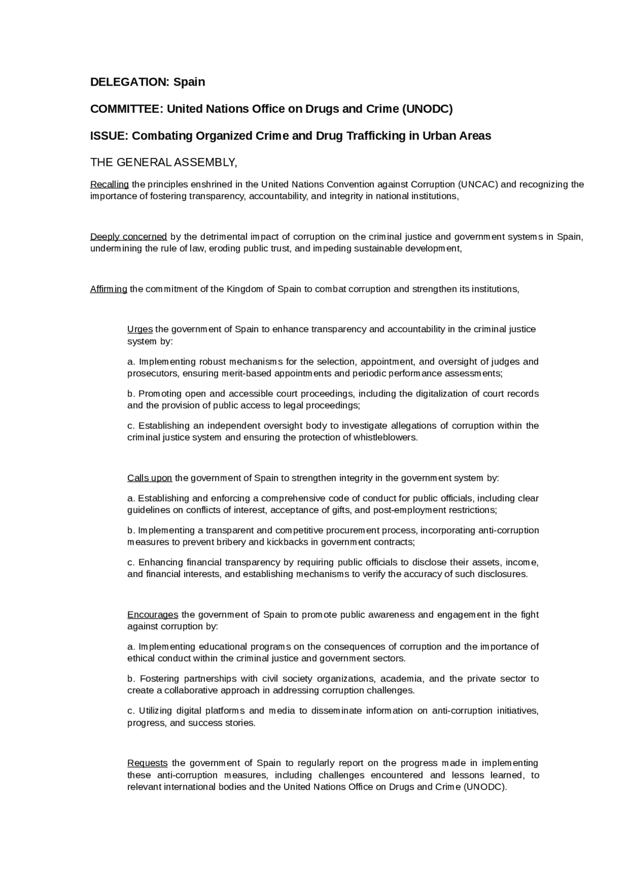 Model UN - DRAFT RESOLUTION 1 | Transcripciones de Inglés | Docsity