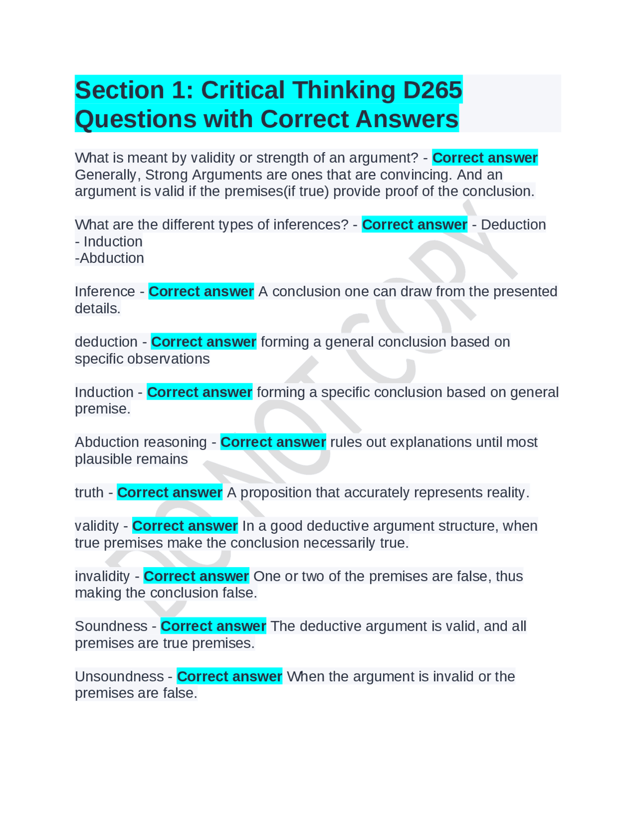Section 1: Critical Thinking D265 Questions with Correct Answers ...