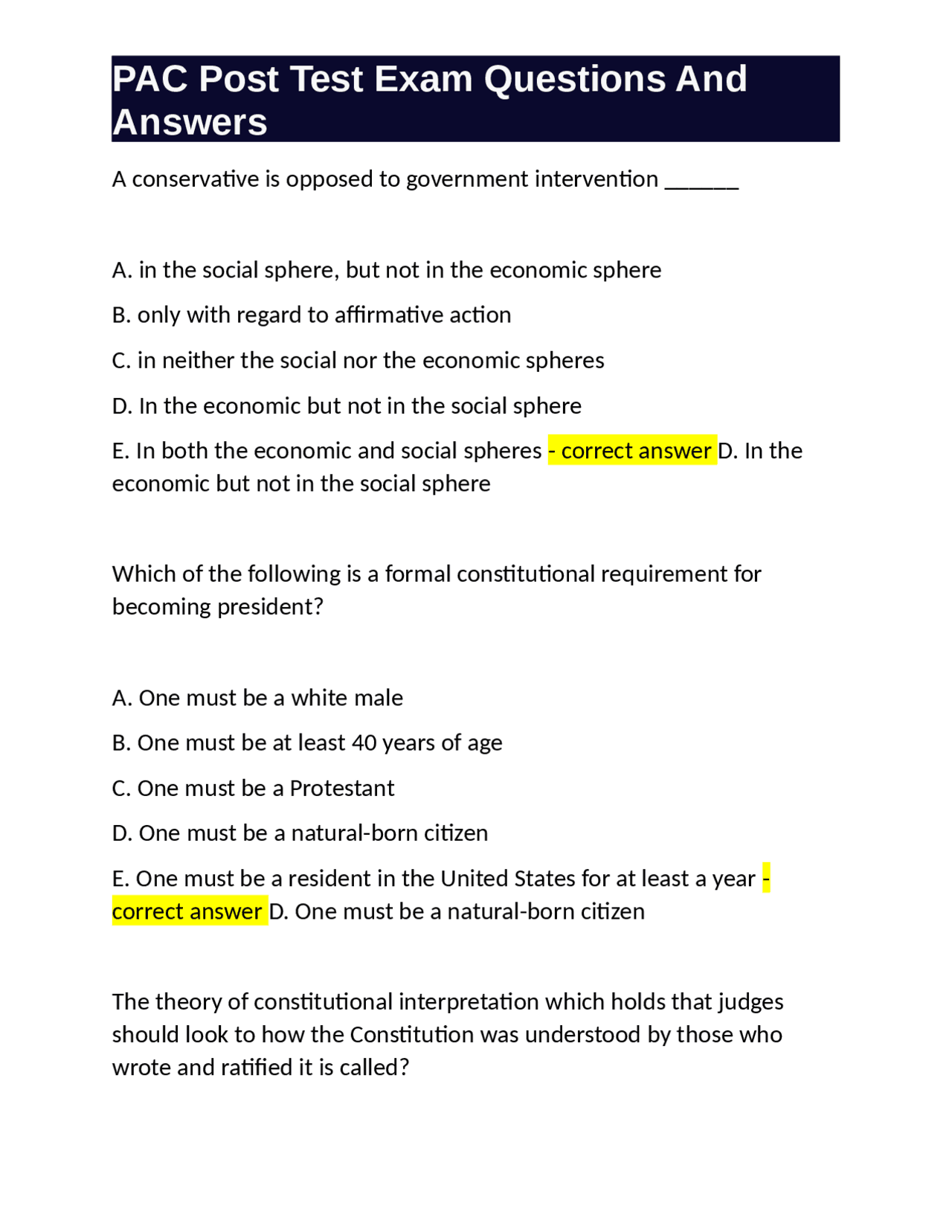 PAC Post Test Exam Questions and Answers: American Government and ...