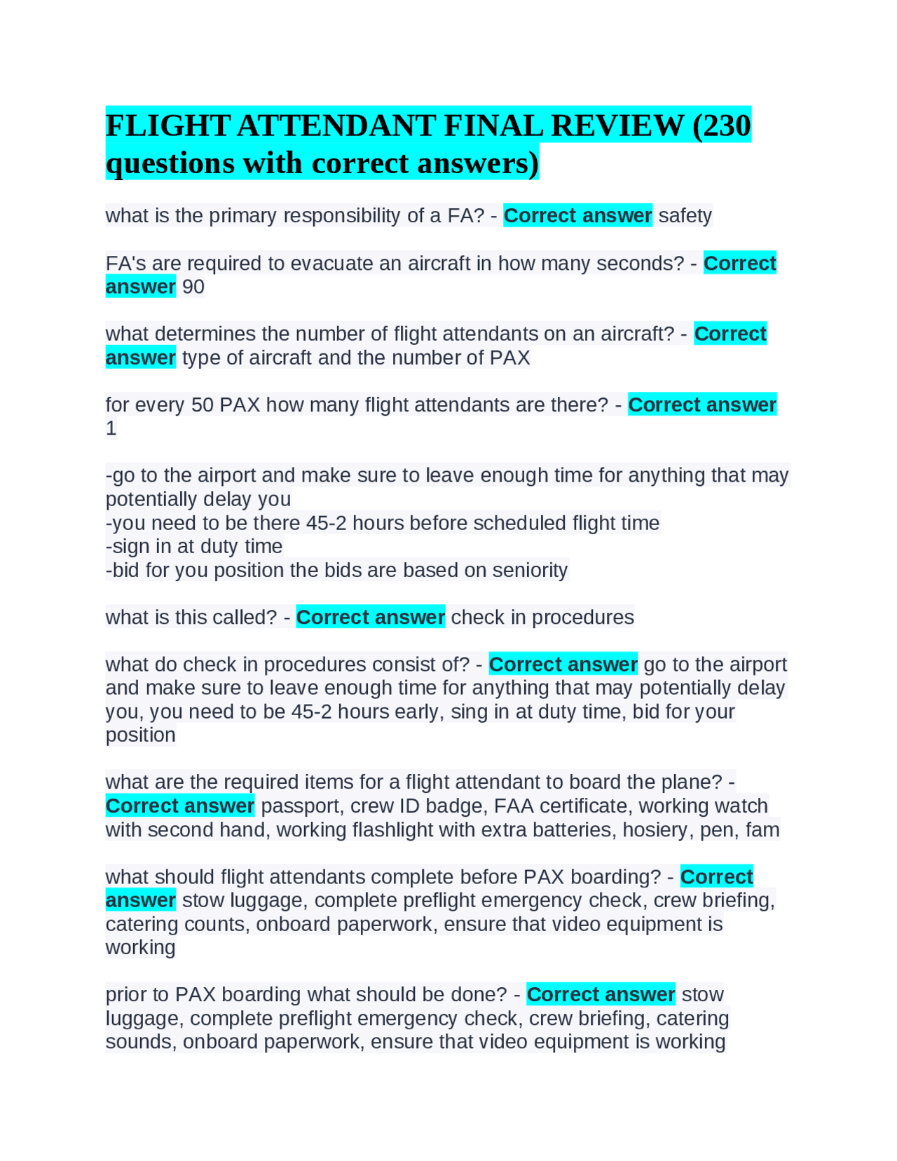 FLIGHT ATTENDANT FINAL REVIEW (230 questions with correct answers ...