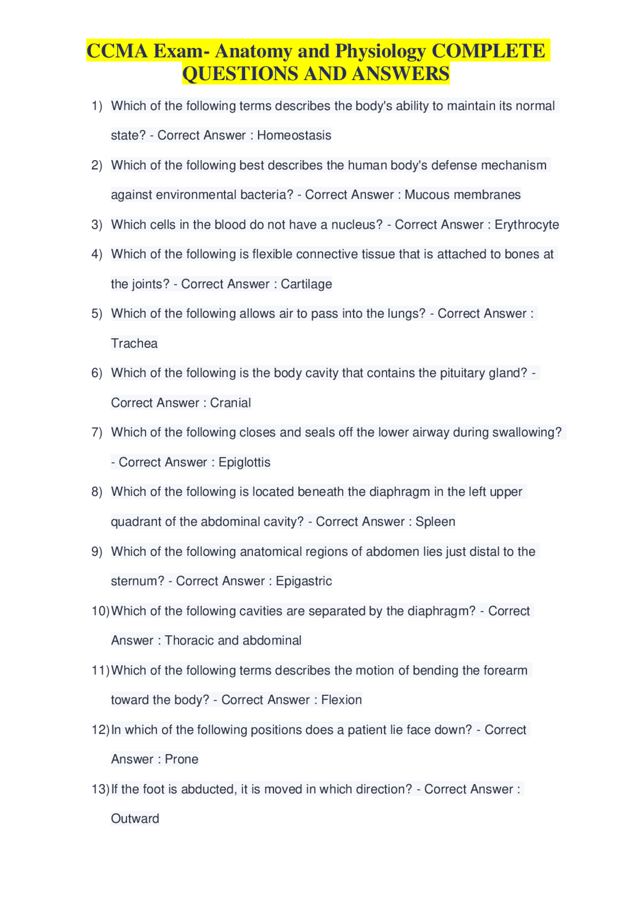 Anatomy and Physiology Exam Questions and Answers | Exams Nursing | Docsity