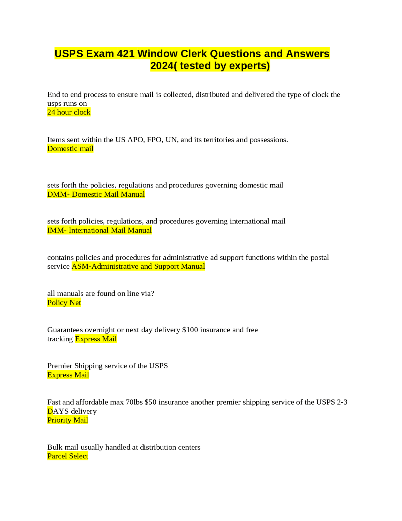 USPS Exam 421 Window Clerk Questions and Answers 2024( tested by ...