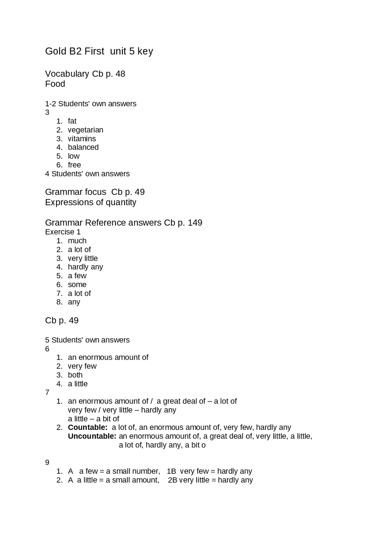 Gold B2 First Unit 5 Key: Food Vocabulary and Grammar | Exámenes de ...