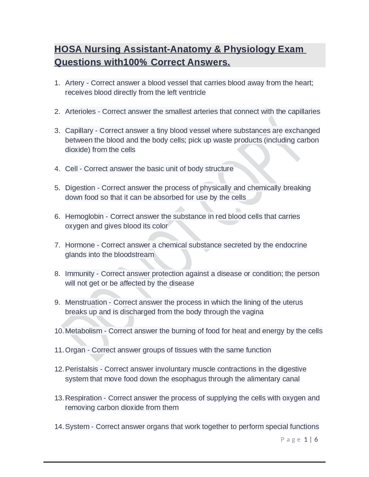 HOSA Nursing Assistant-Anatomy & Physiology Exam Questions with100% Correct Answers. | Exams ...