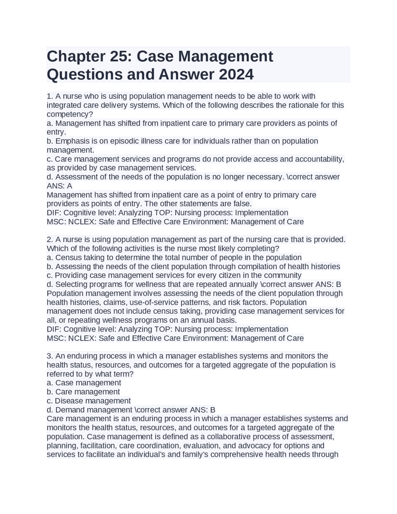 Nursing Management: Care vs. Case Management | Exams Nursing | Docsity