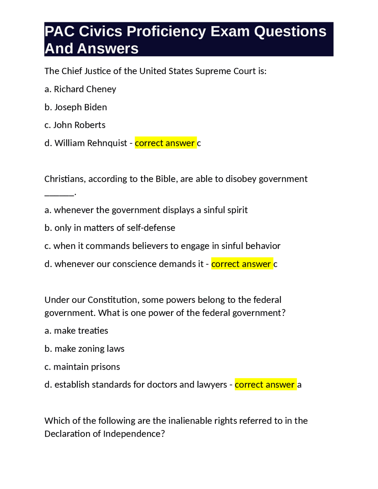 PAC Civics Proficiency Exam Questions and Answers | Exams Political ...