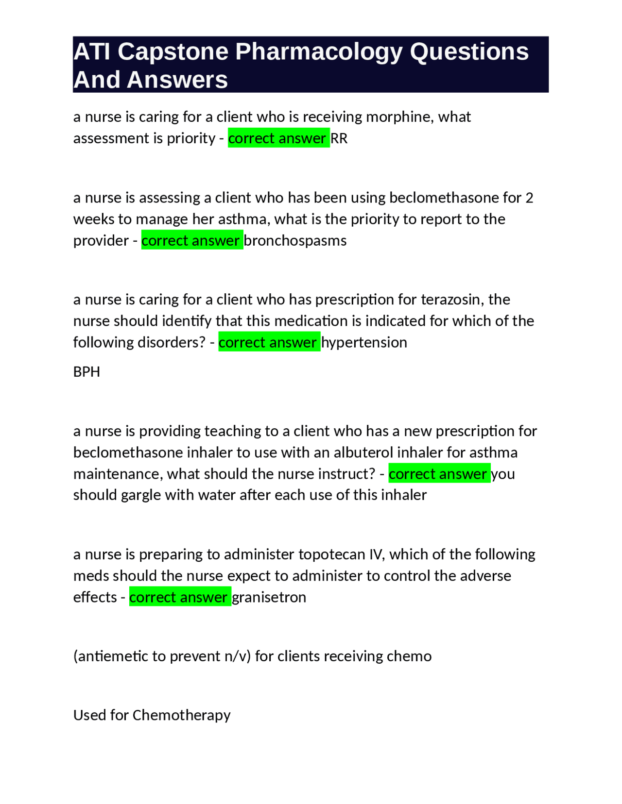 Pharmacology Capstone Questions and Answers: Nursing Assessments and ...