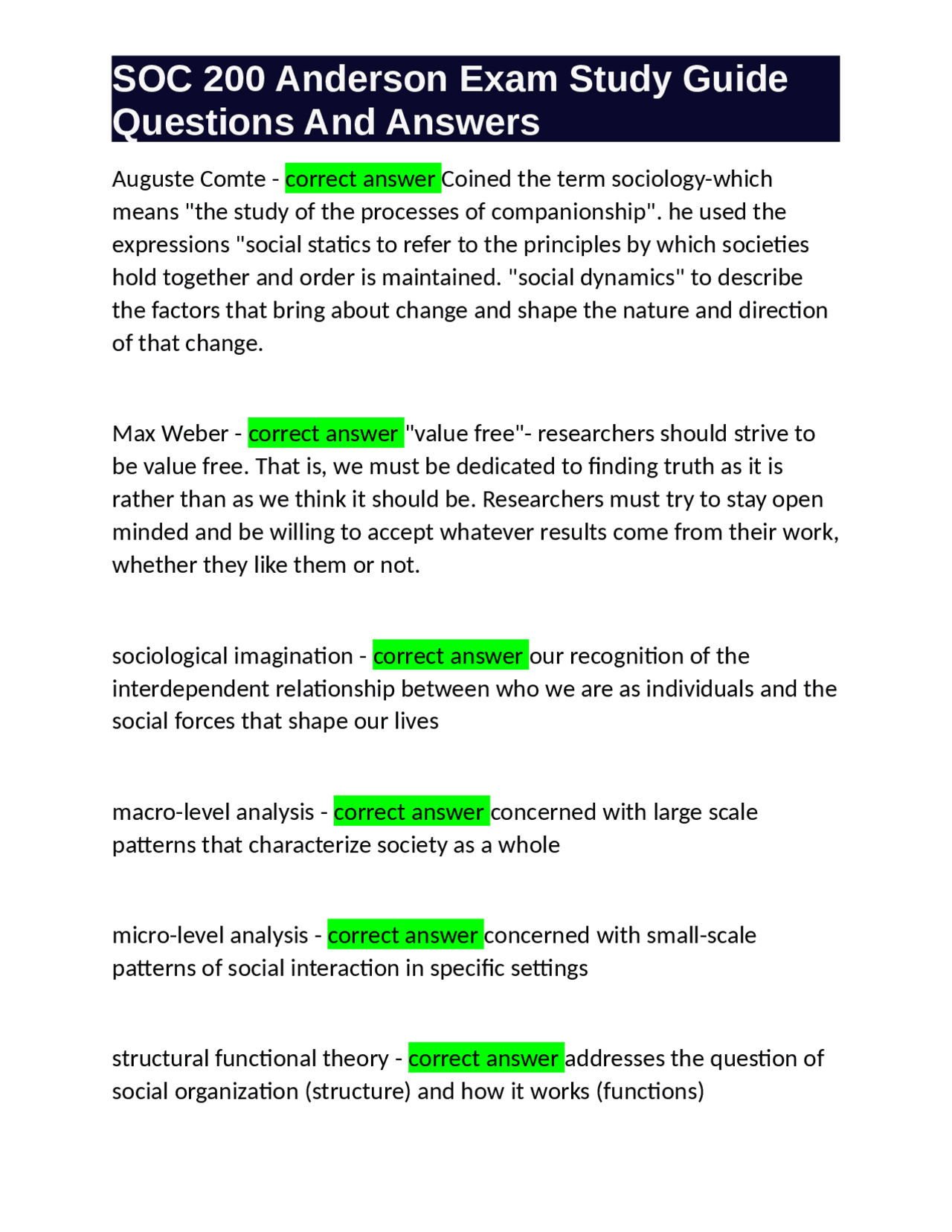 SOC 200 Anderson Exam Study Guide Questions And Answers | Exams ...