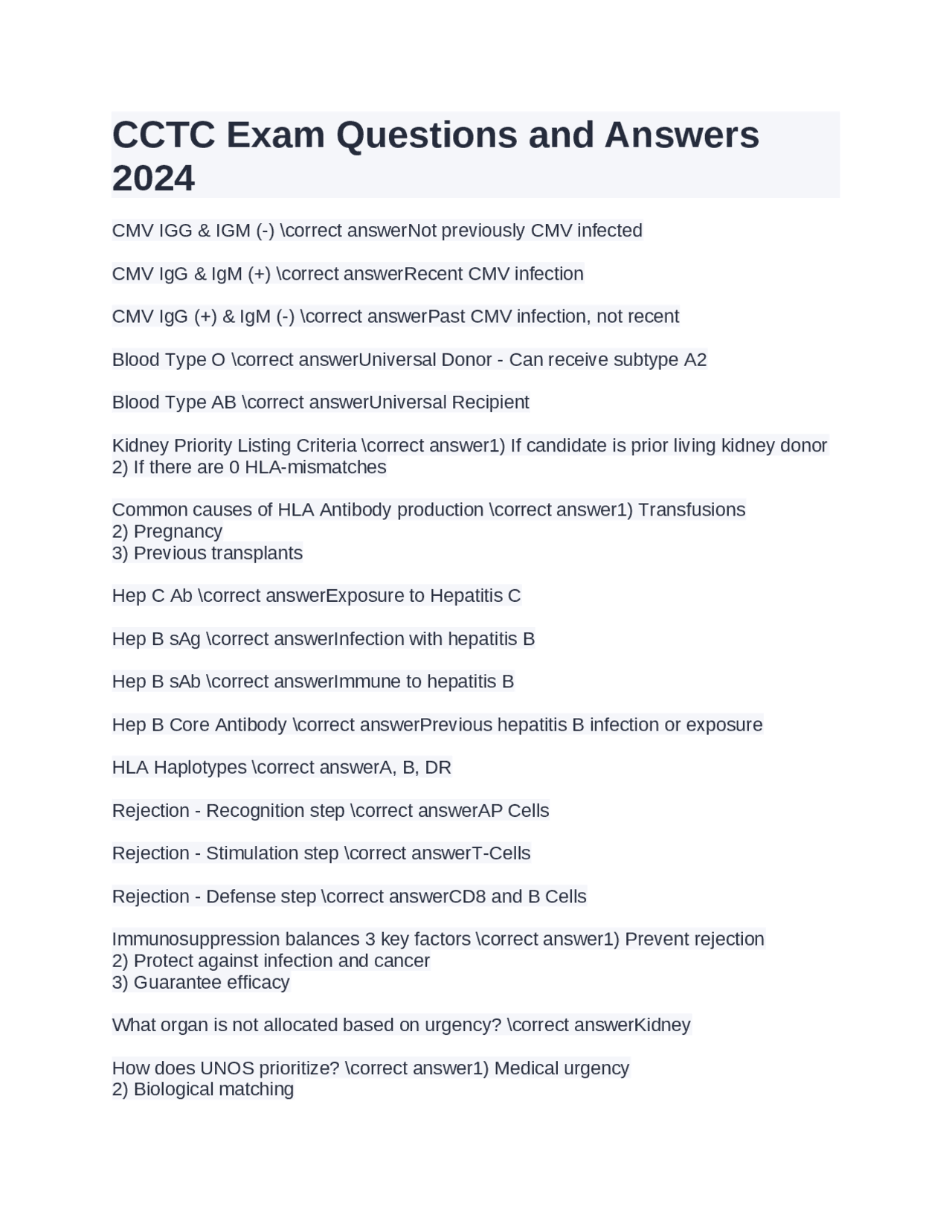 CCTC Transplant Exam Questions and Answers 2024 | Exams Nursing | Docsity