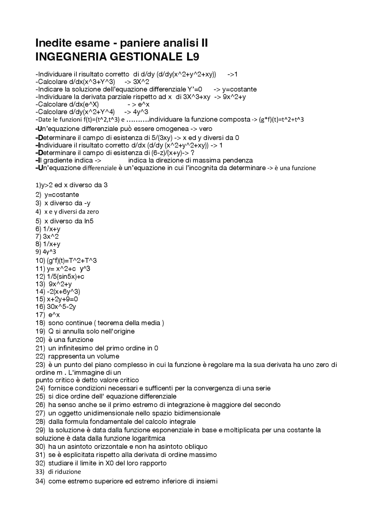 Esercizi di Analisi II per Ing. Gestionale | Panieri di Analisi Strumentale | Docsity