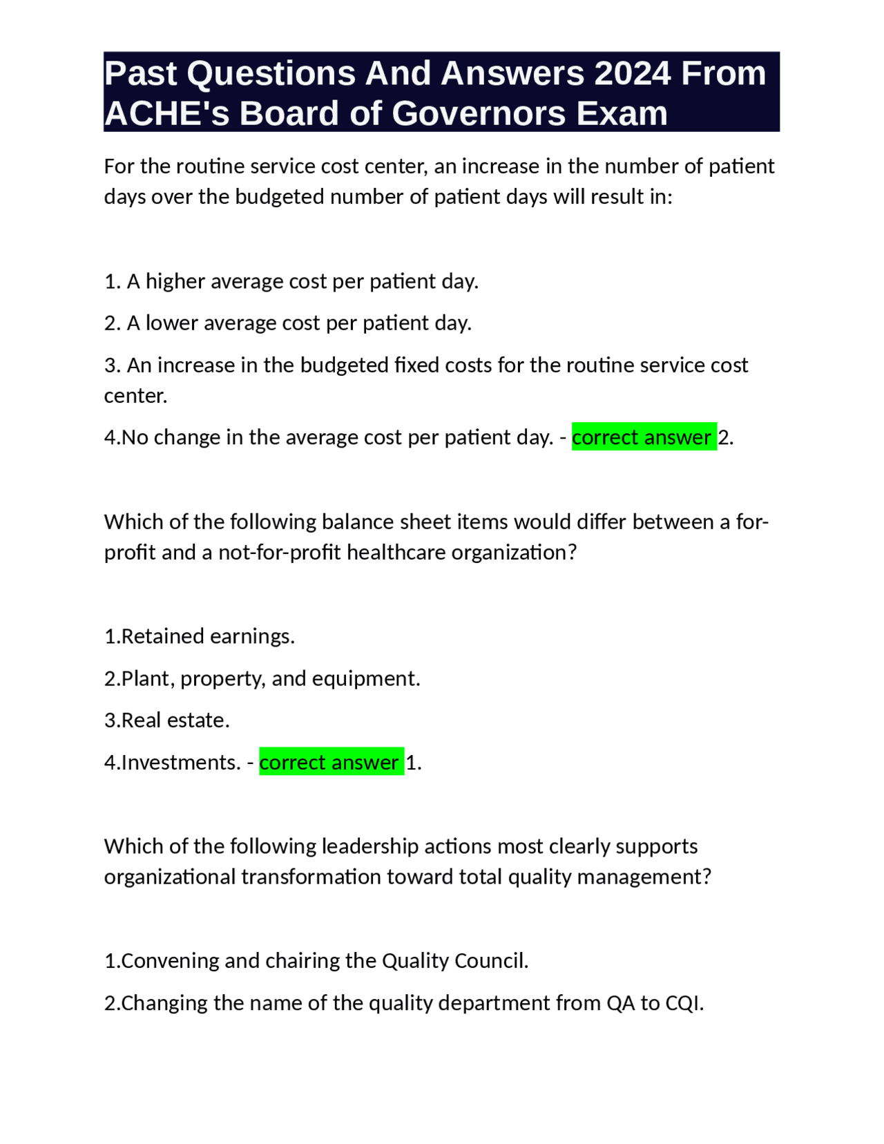 ACHE's Board of Governors Exam Past Questions and Answers for ...