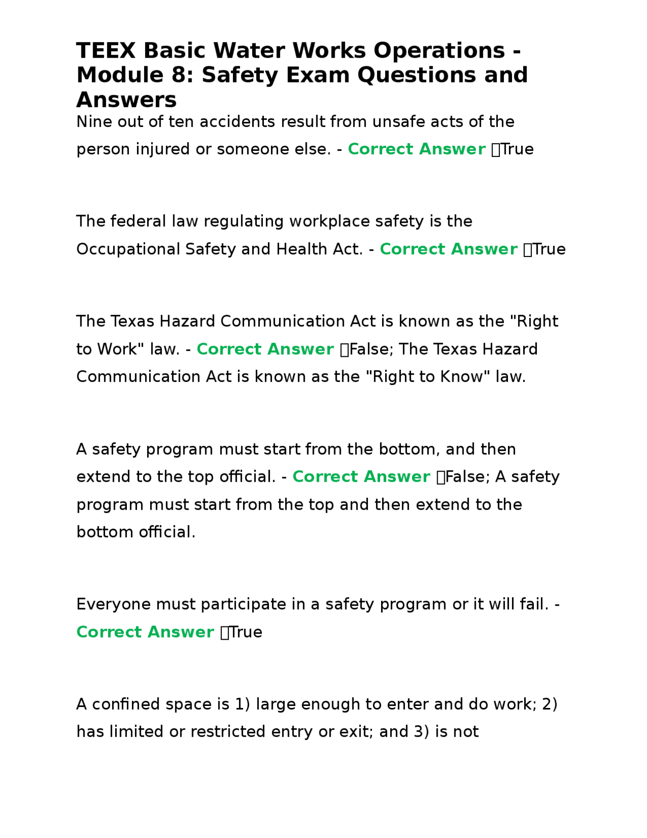 TEEX Basic Water Works Operations Module 8: Safety Exam Questions and ...