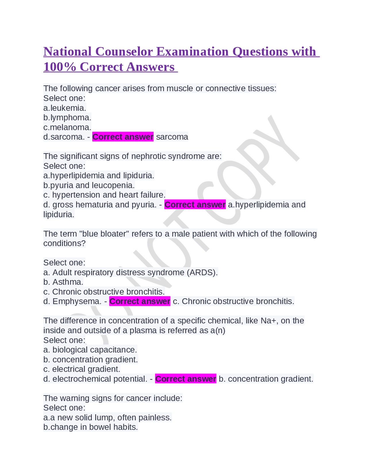 National Counselor Examination Questions with 100% Correct Answers ...